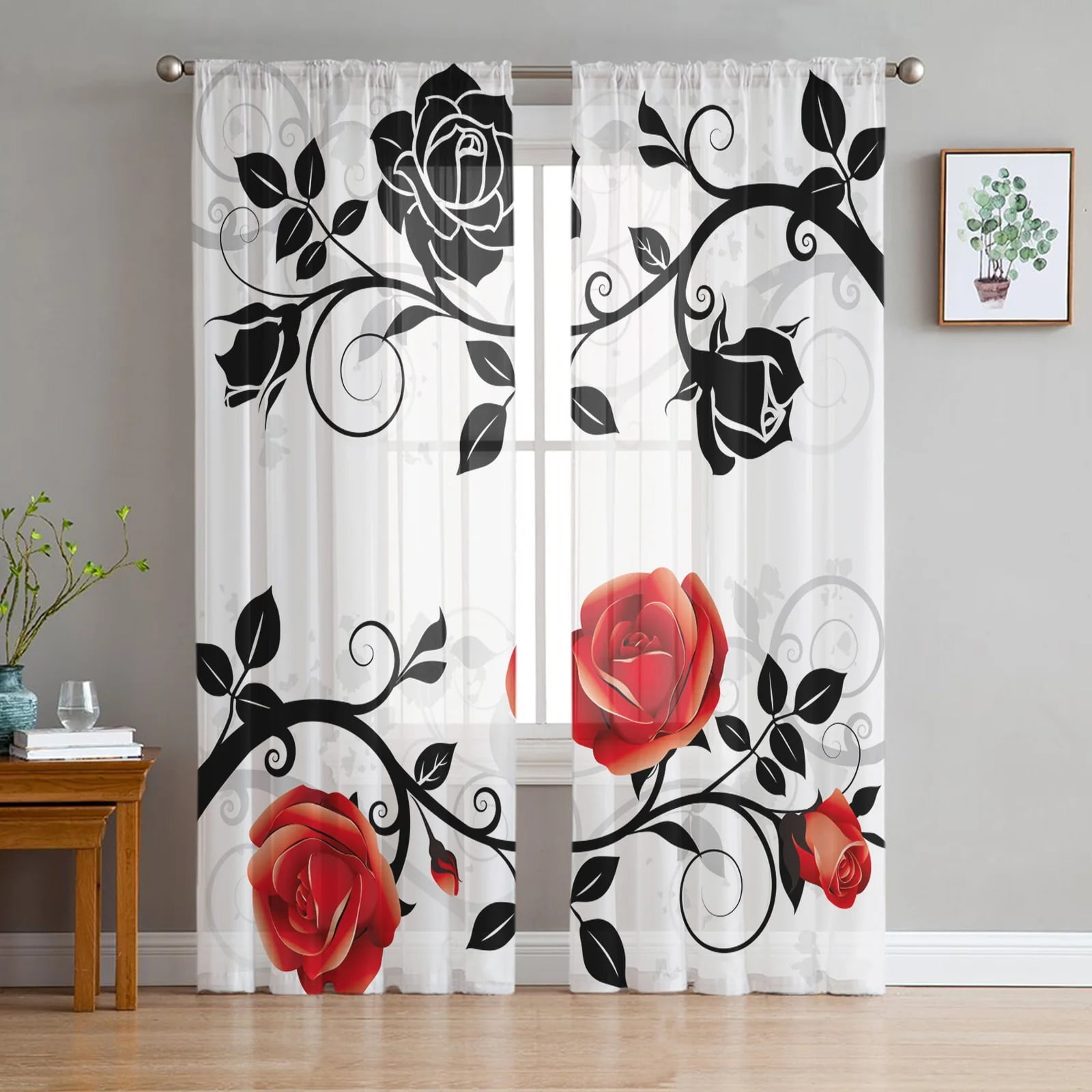 Red And Black Rose Flowers Sheer Curtains for Living Room Bedroom Tulle ...