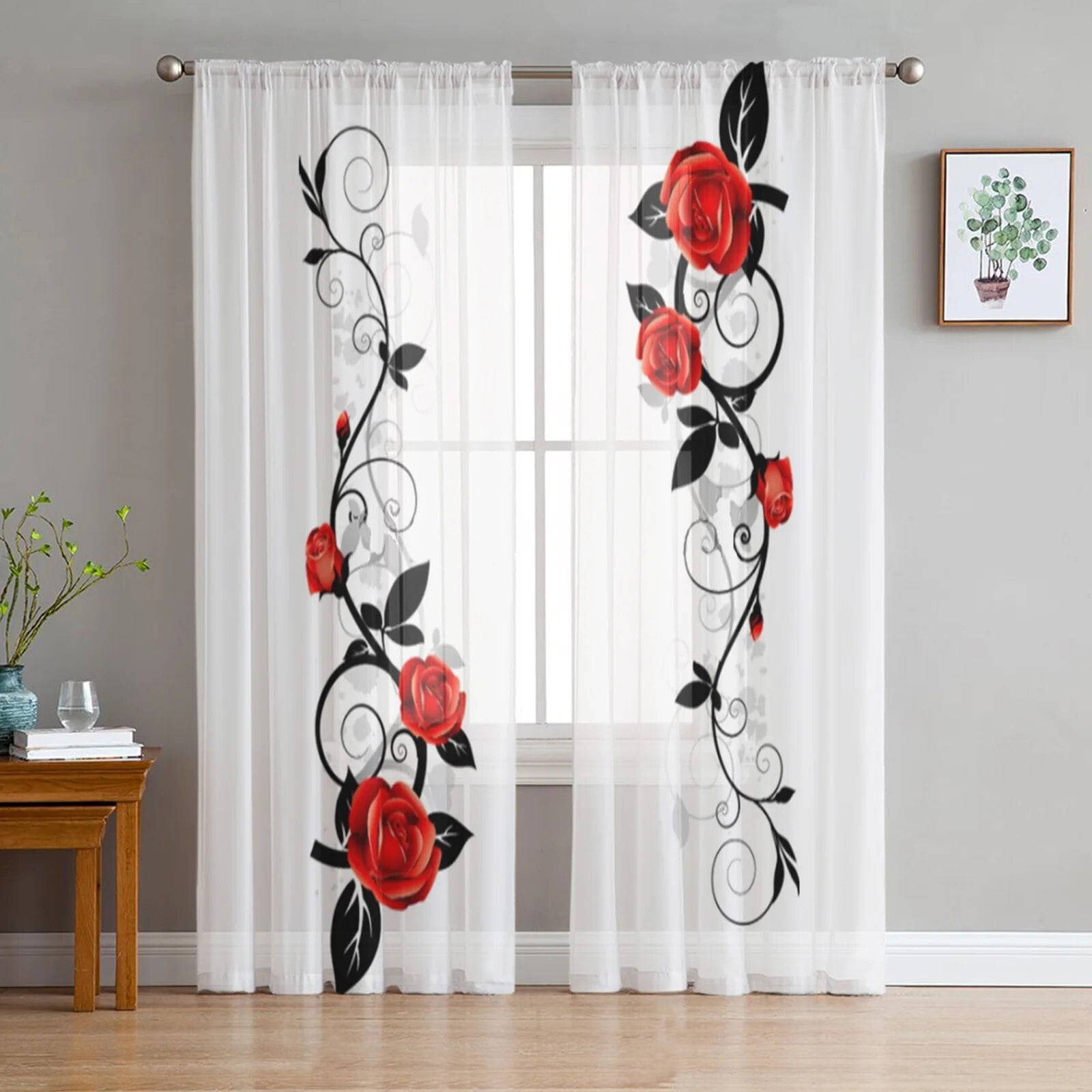 Red And Black Rose Flowers Sheer Curtains for Living Room Bedroom Tulle ...