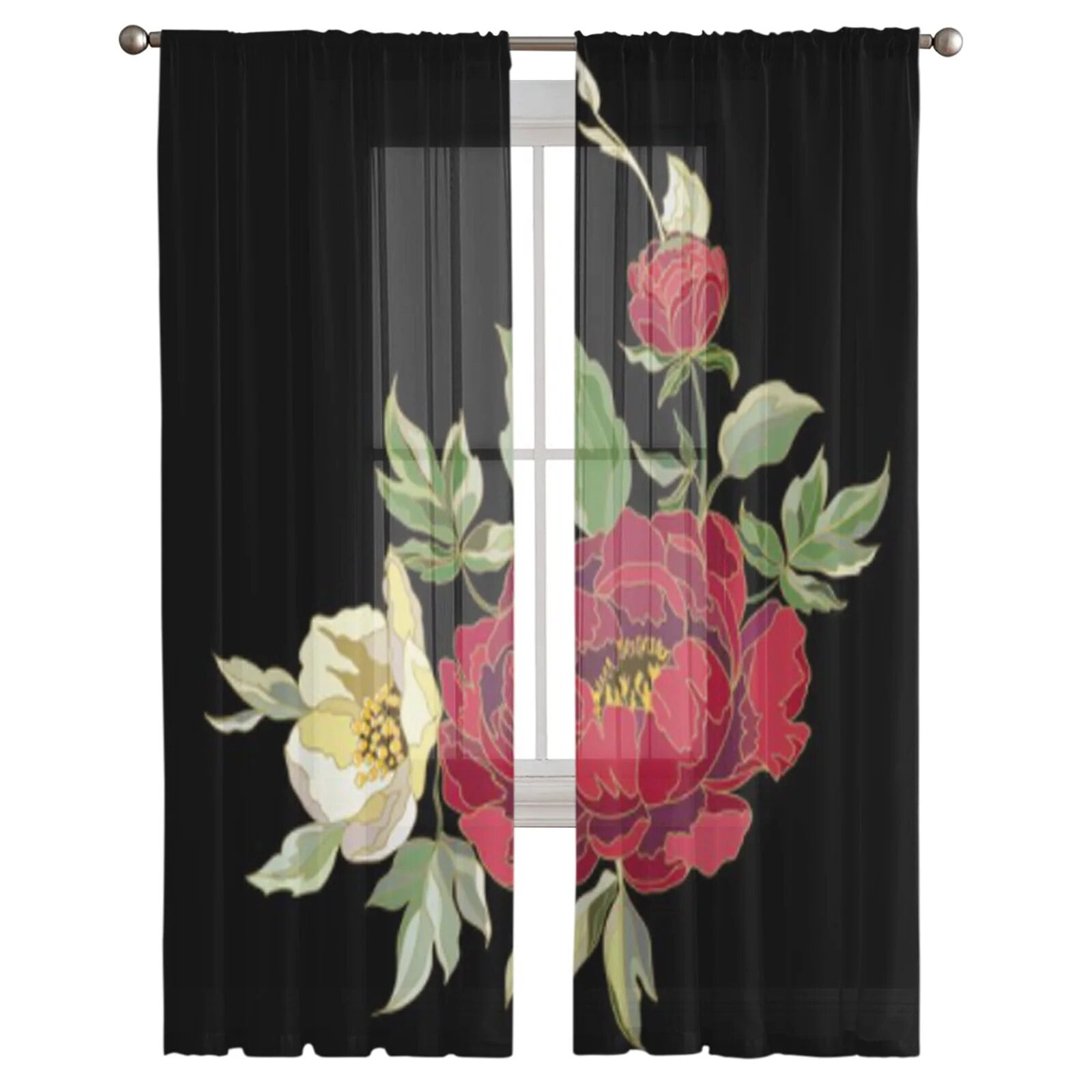 Red And Black Rose Flowers Sheer Curtains for Living Room Bedroom Tulle ...