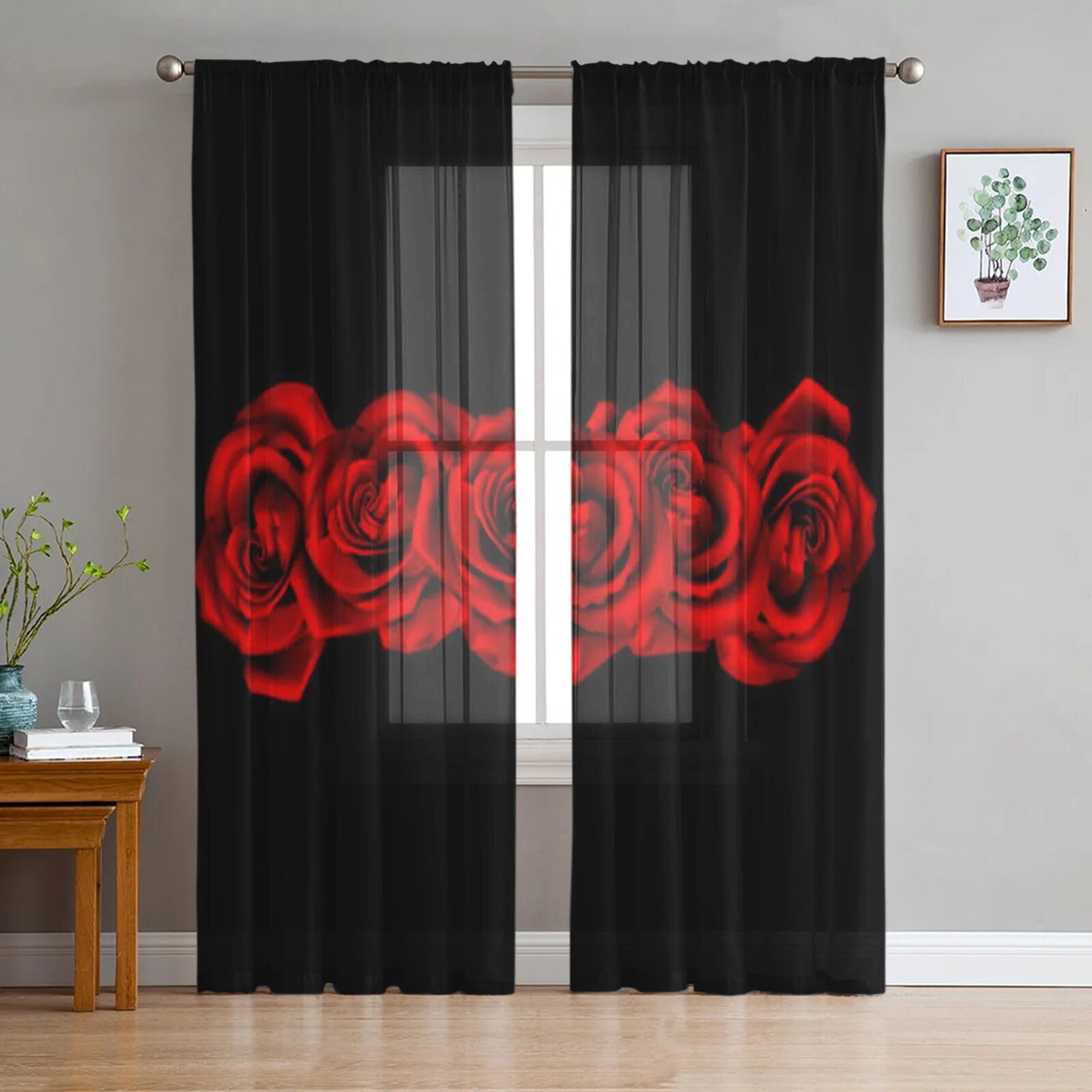 Red And Black Rose Flowers Sheer Curtains for Living Room Bedroom Tulle ...