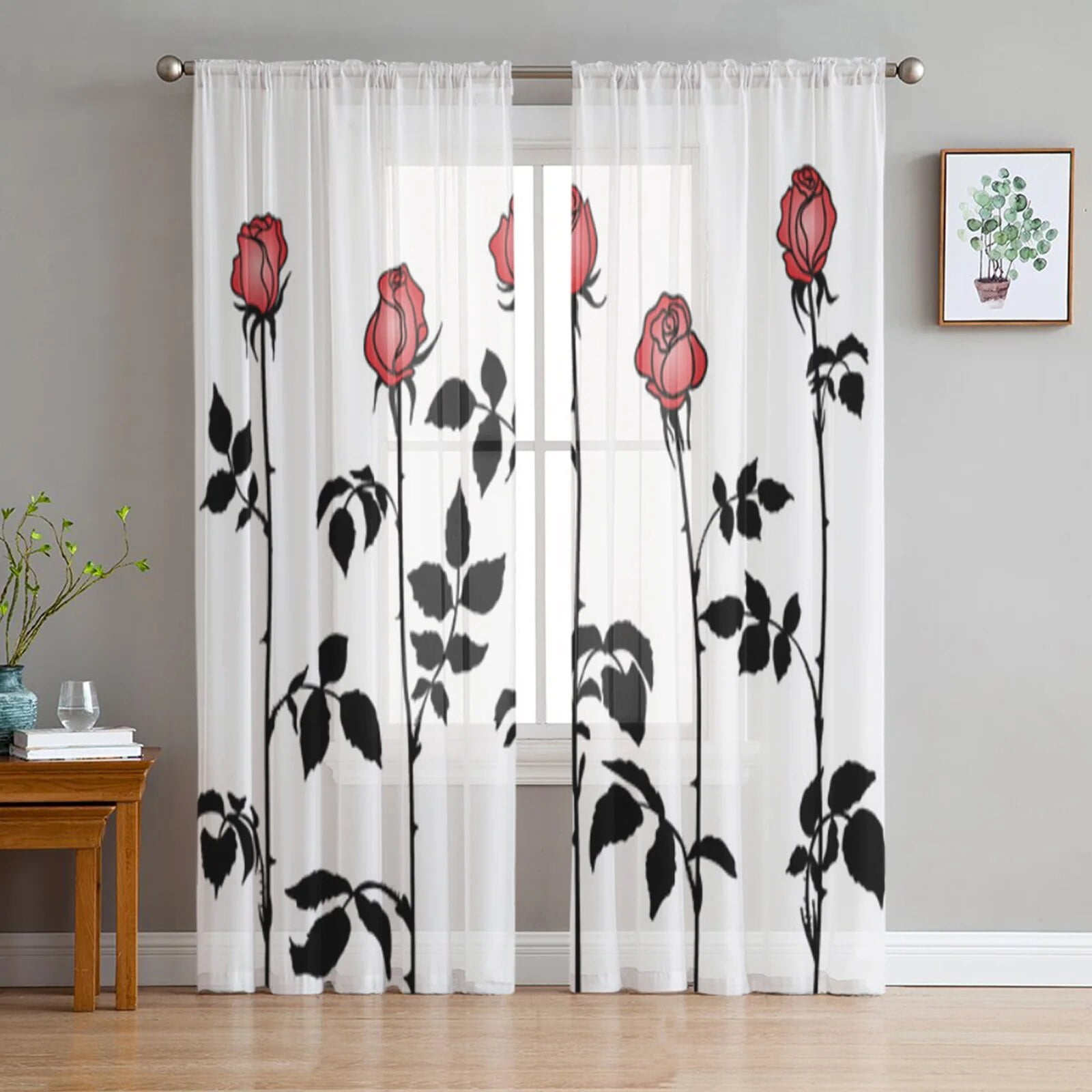 Red And Black Rose Flowers Sheer Curtains for Living Room Bedroom Tulle ...