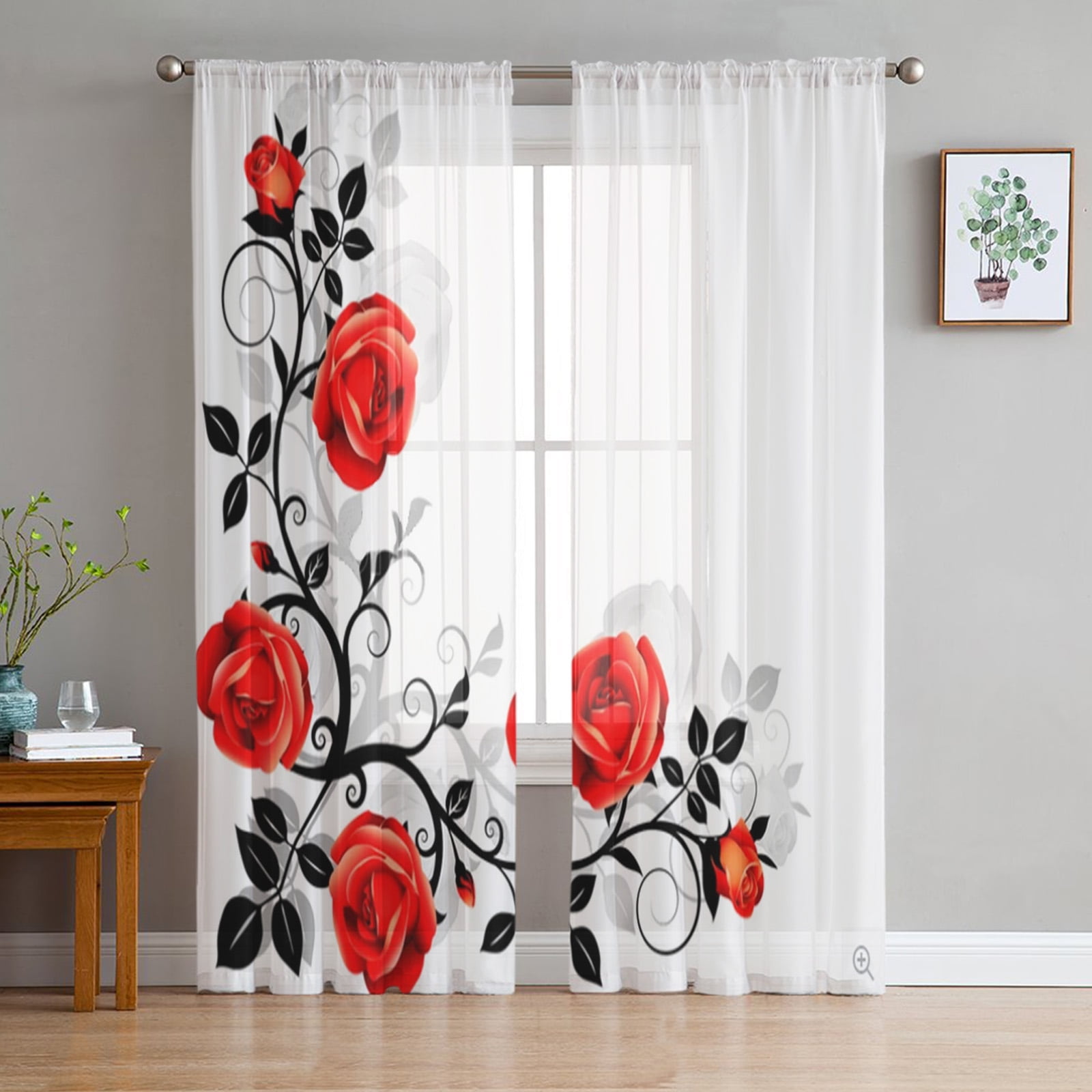 Red And Black Rose Flowers Sheer Curtains for Living Room Bedroom Tulle ...