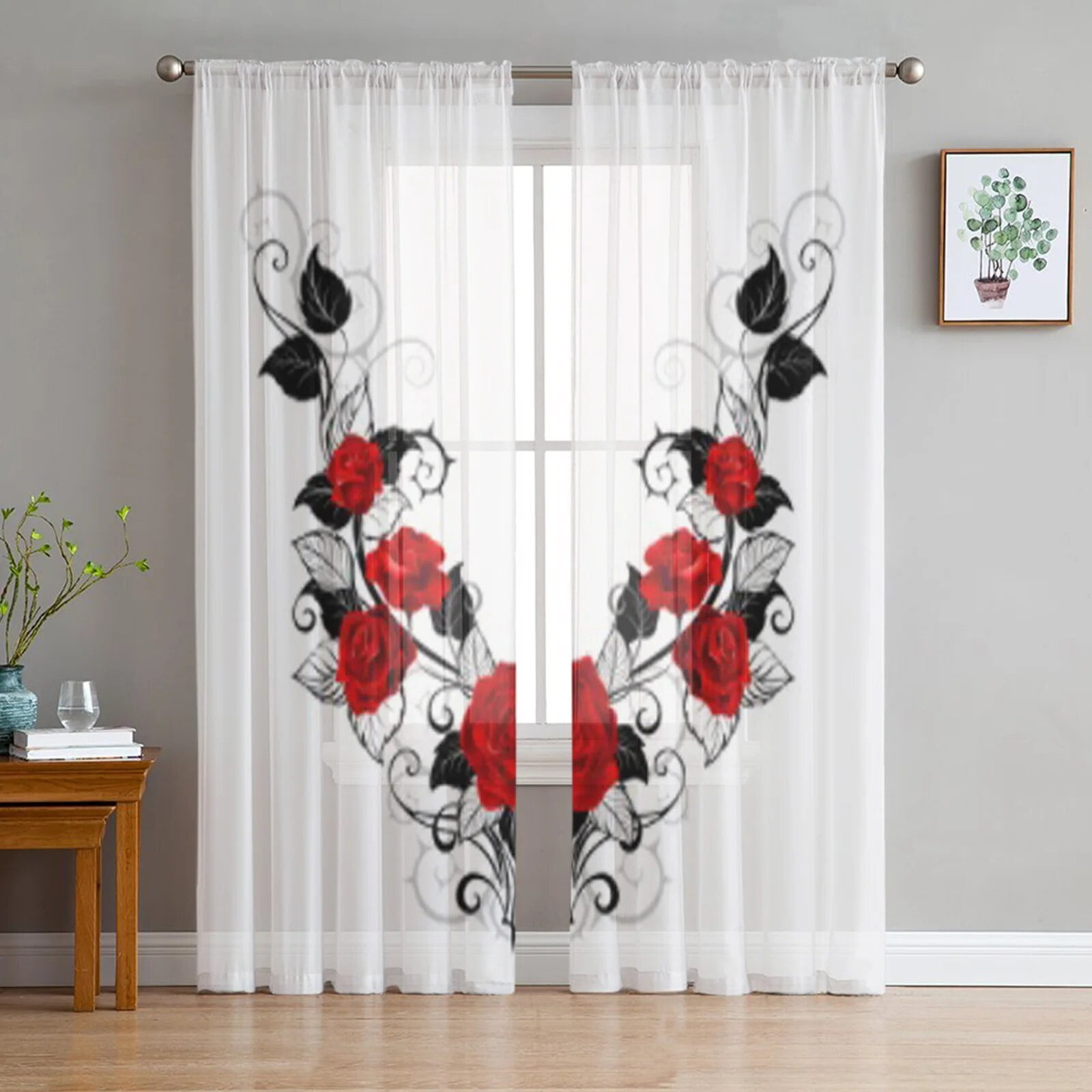 Red And Black Rose Flowers Sheer Curtains for Living Room Bedroom Tulle ...