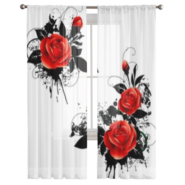 Red And Black Rose Flowers Sheer Curtains for Living Room Bedroom Tulle ...