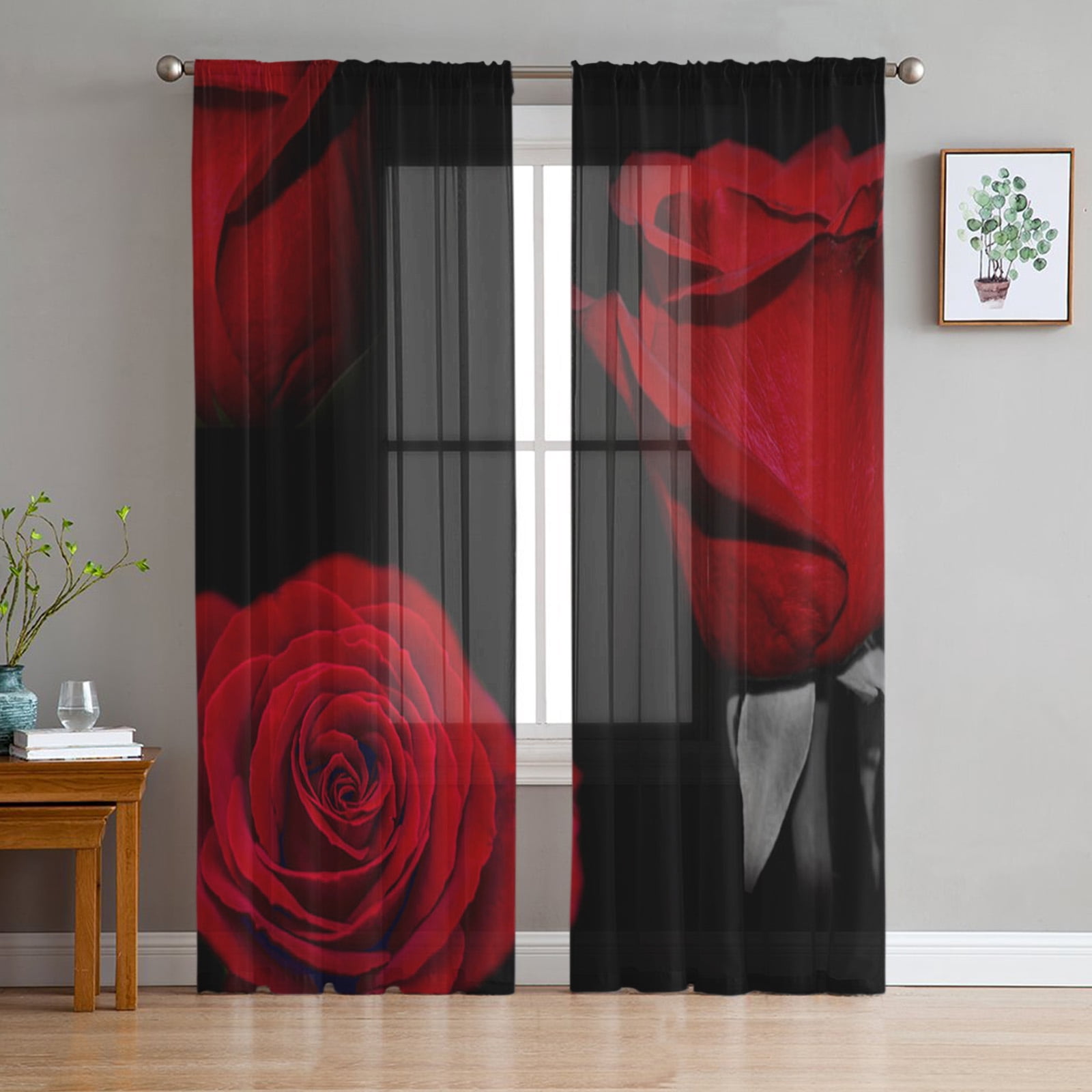 Red And Black Rose White Tulle Curtains for Living Room Bedroom ration ...