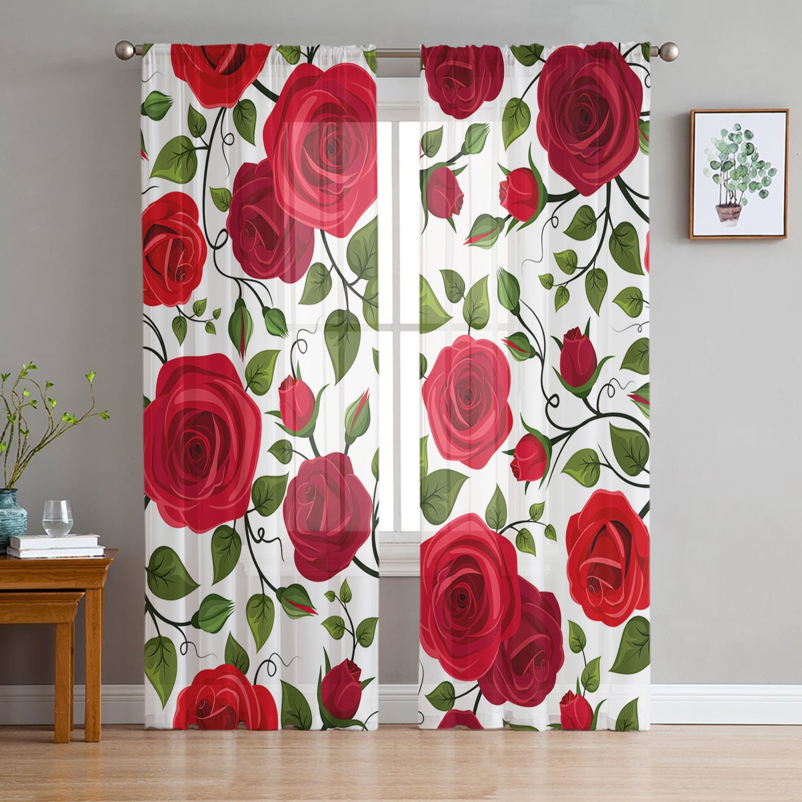 Red And Black Rose White Tulle Curtains for Living Room Bedroom ration Chiffon Sheer Voile ...