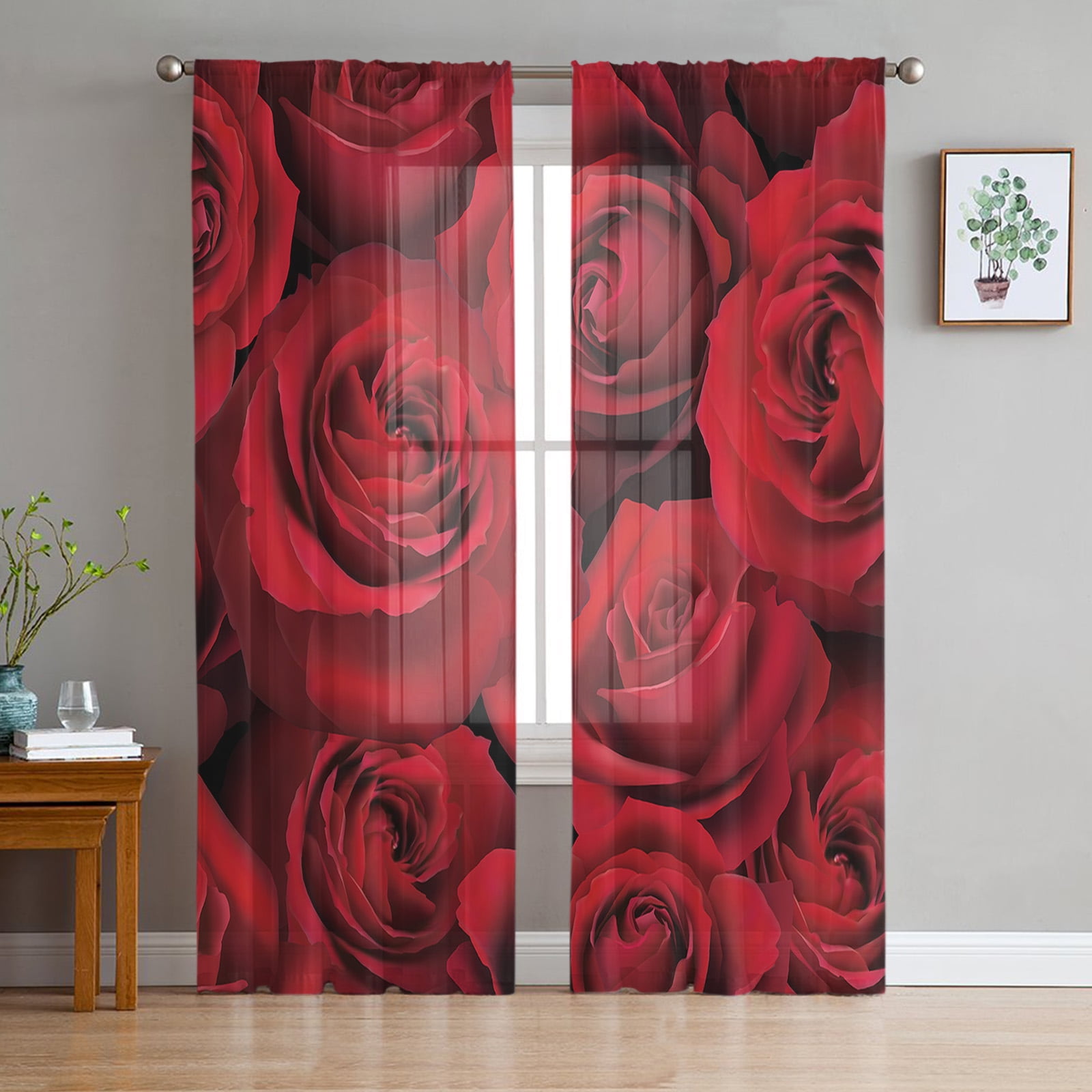 Red And Black Rose White Tulle Curtains for Living Room Bedroom ration Chiffon Sheer Voile ...