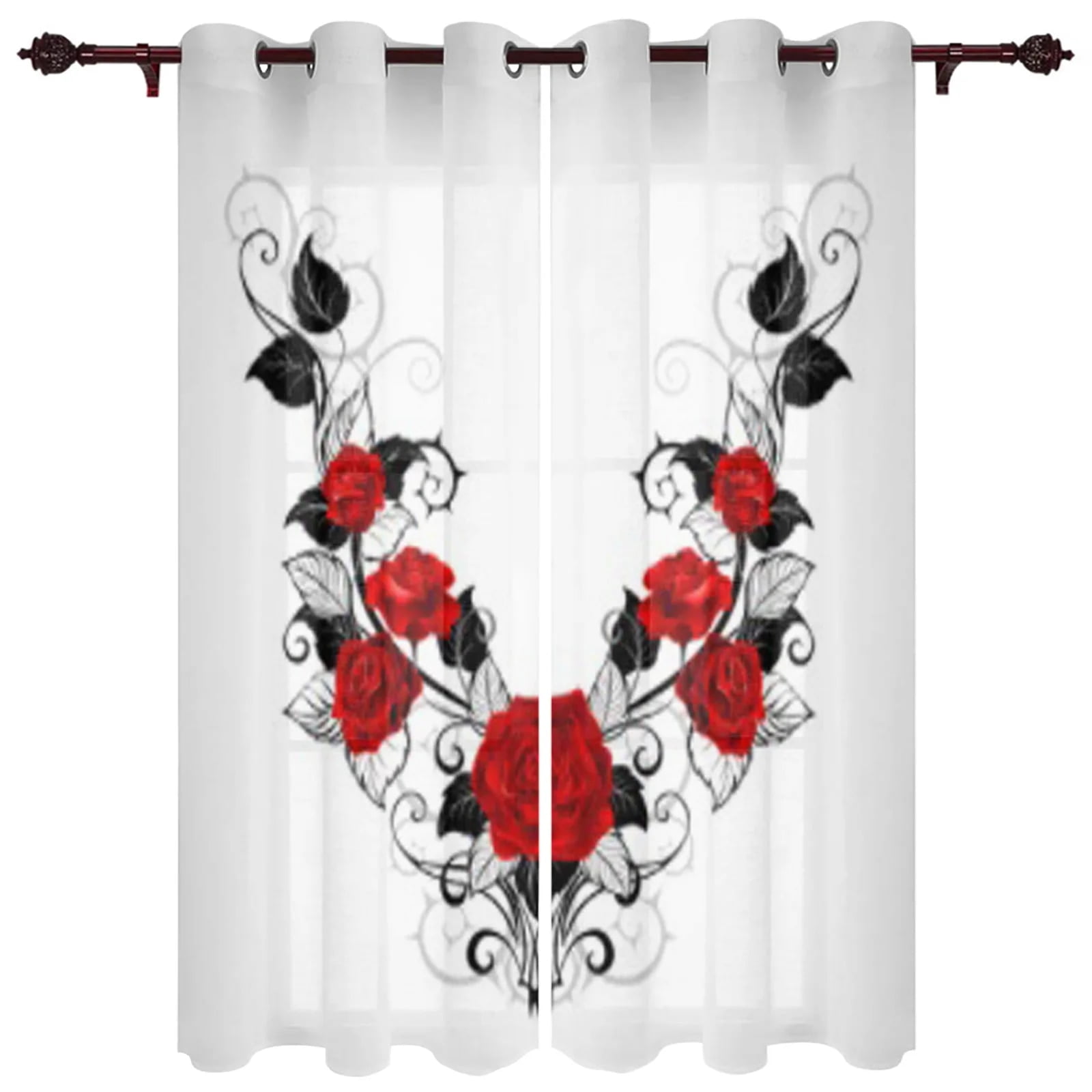 Red And Black Rose Window Curtains Scenic Curtains for Living Room ...