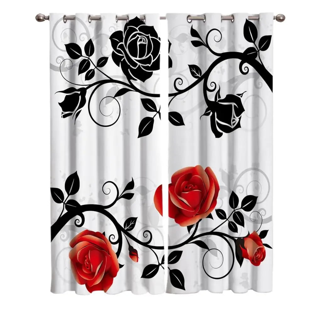 Red And Black Rose Window Curtains Scenic Curtains for Living Room ...