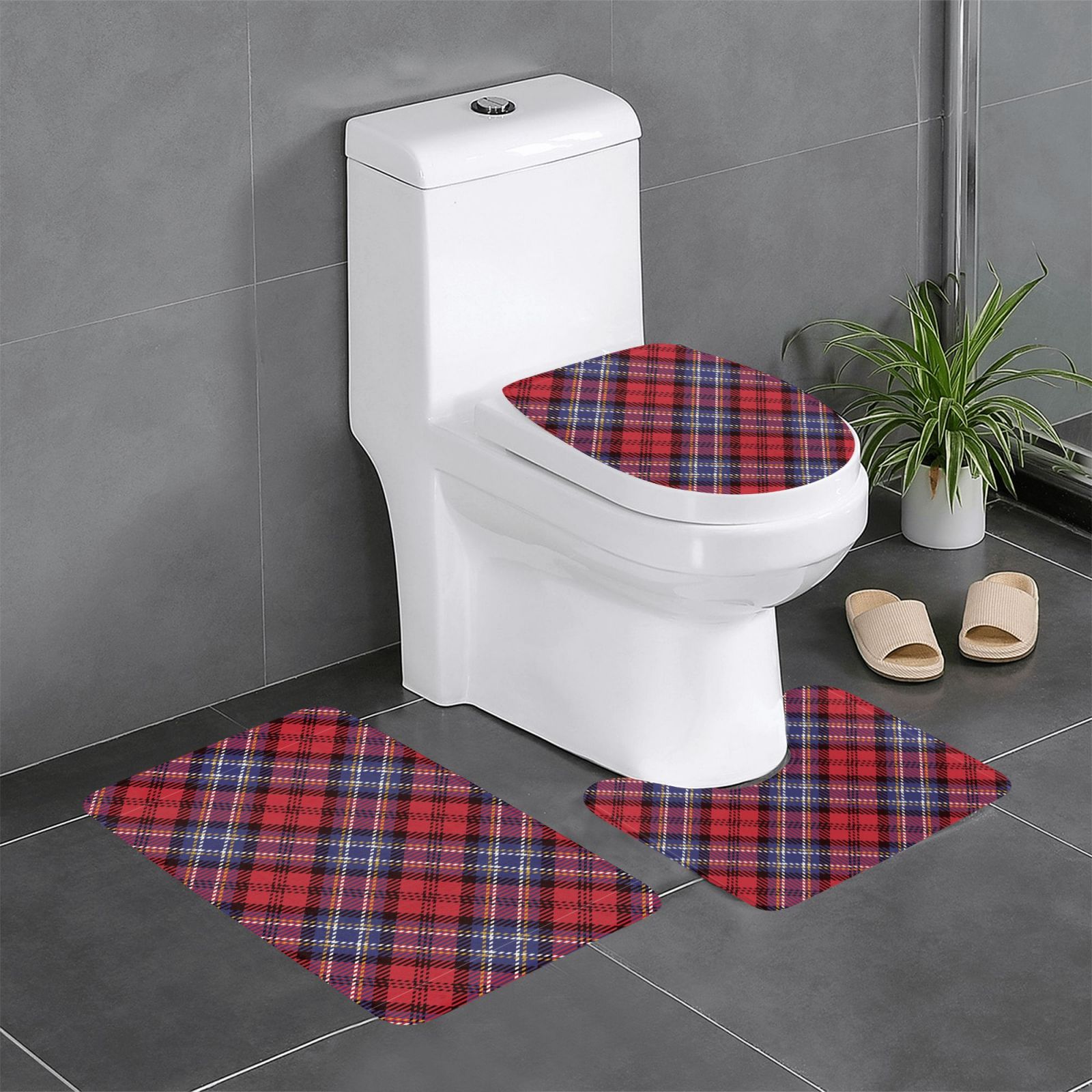 Red And Blue Plaid 3-Piece Set Of Flannel Bath Mats, Highly Absorbent ...