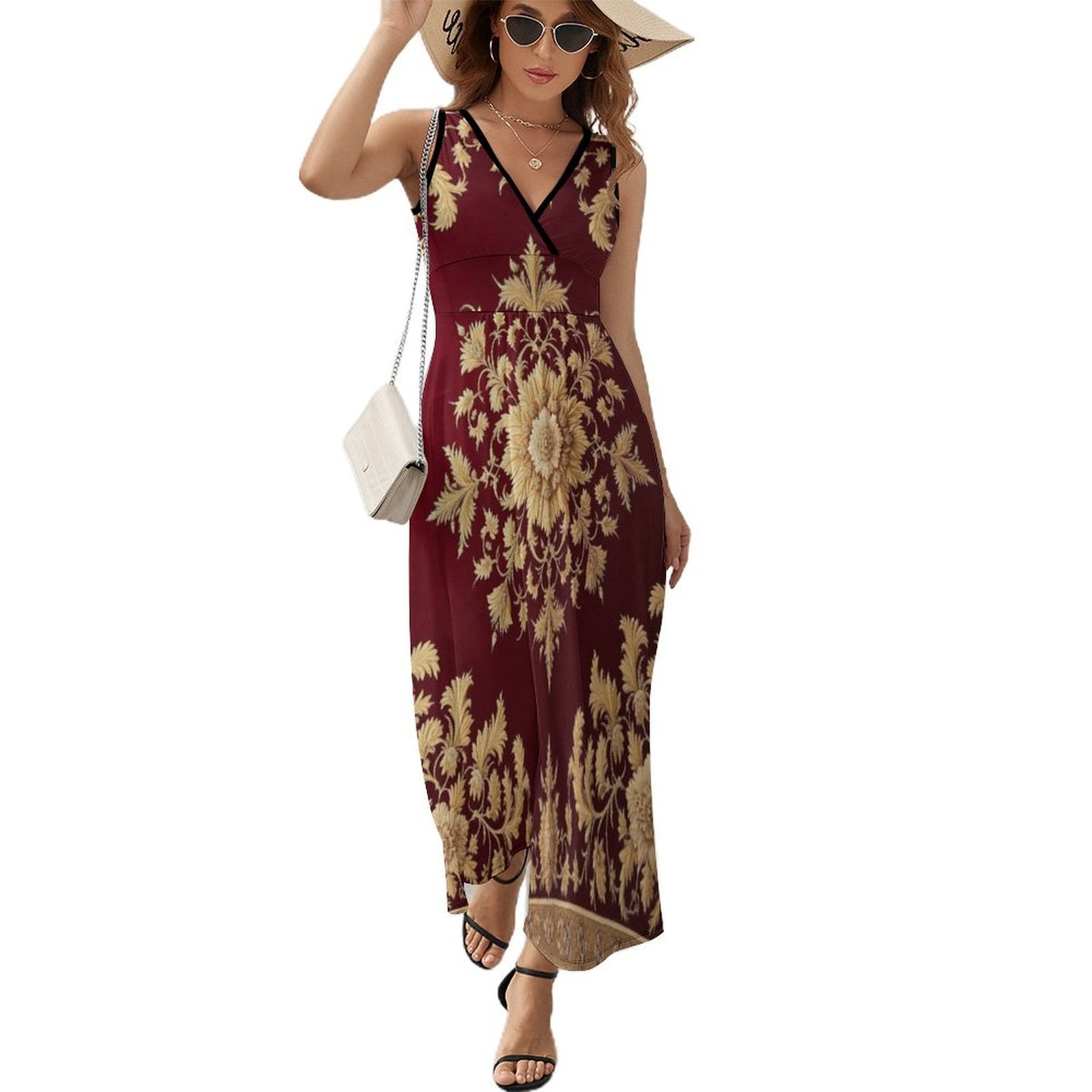 Red And Gold Floral Pattern Rug Womens Night Club Maxi Dress V Neck ...