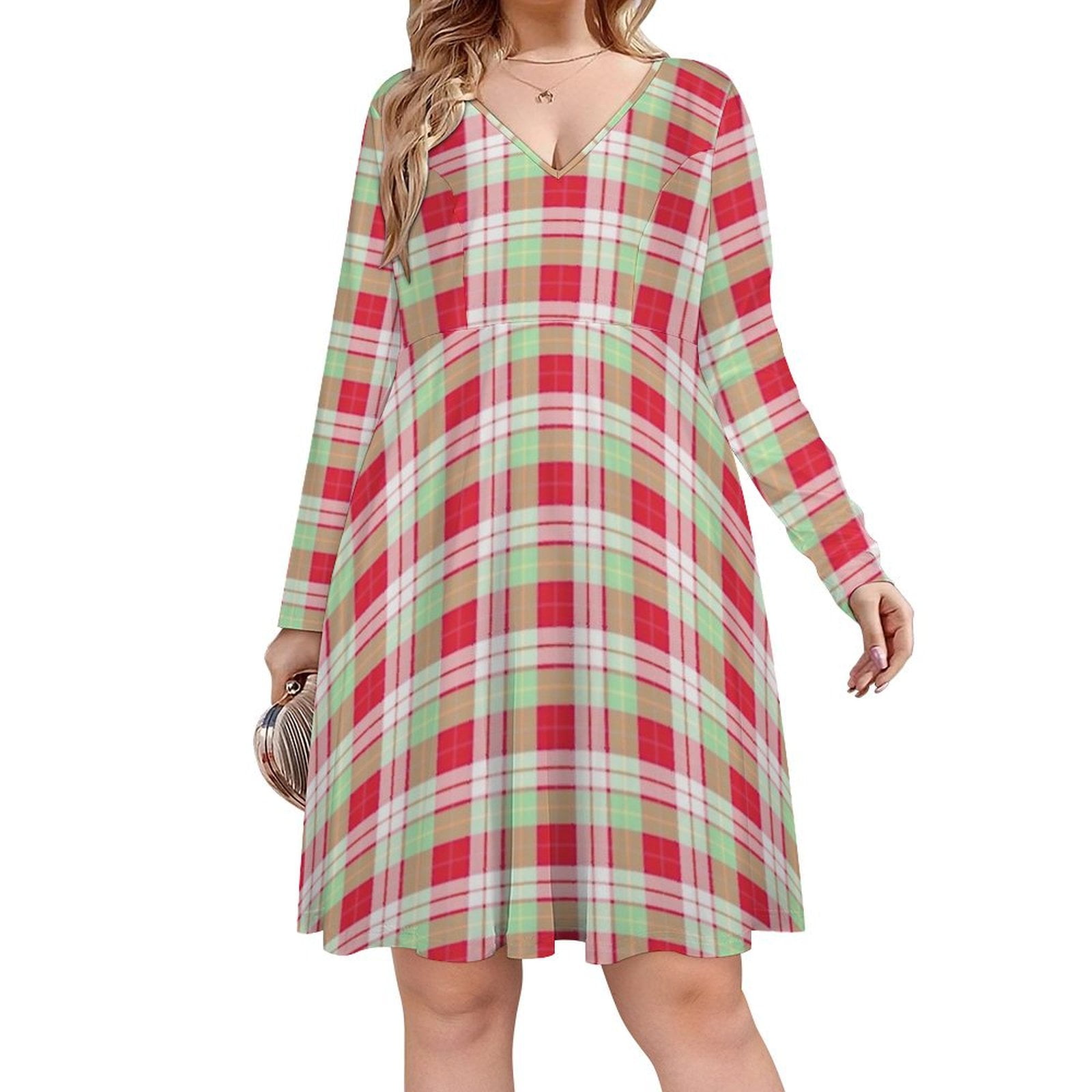 Red And Green Grid Long Sleeve Sexy Dresses For Women Ladies Vintage ...