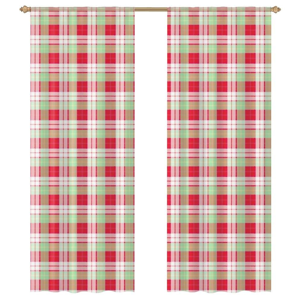Red And Green Grid Sheer Voile Curtain Window Tulle Curtains For Living ...