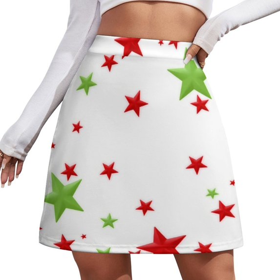 Red And Green Star Pattern Women's High Waist Skirt Stretchy Casual ...