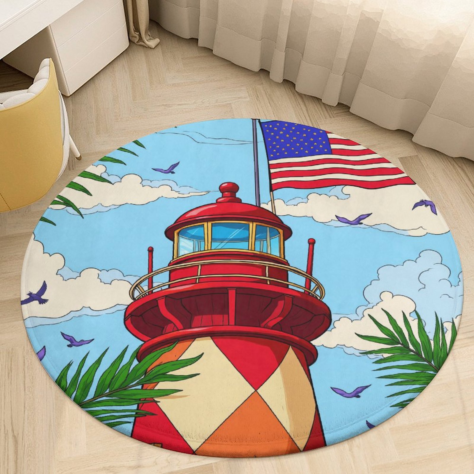 Red And White Lighthouse with Flag Round Area Rugs for Bedroom Living ...