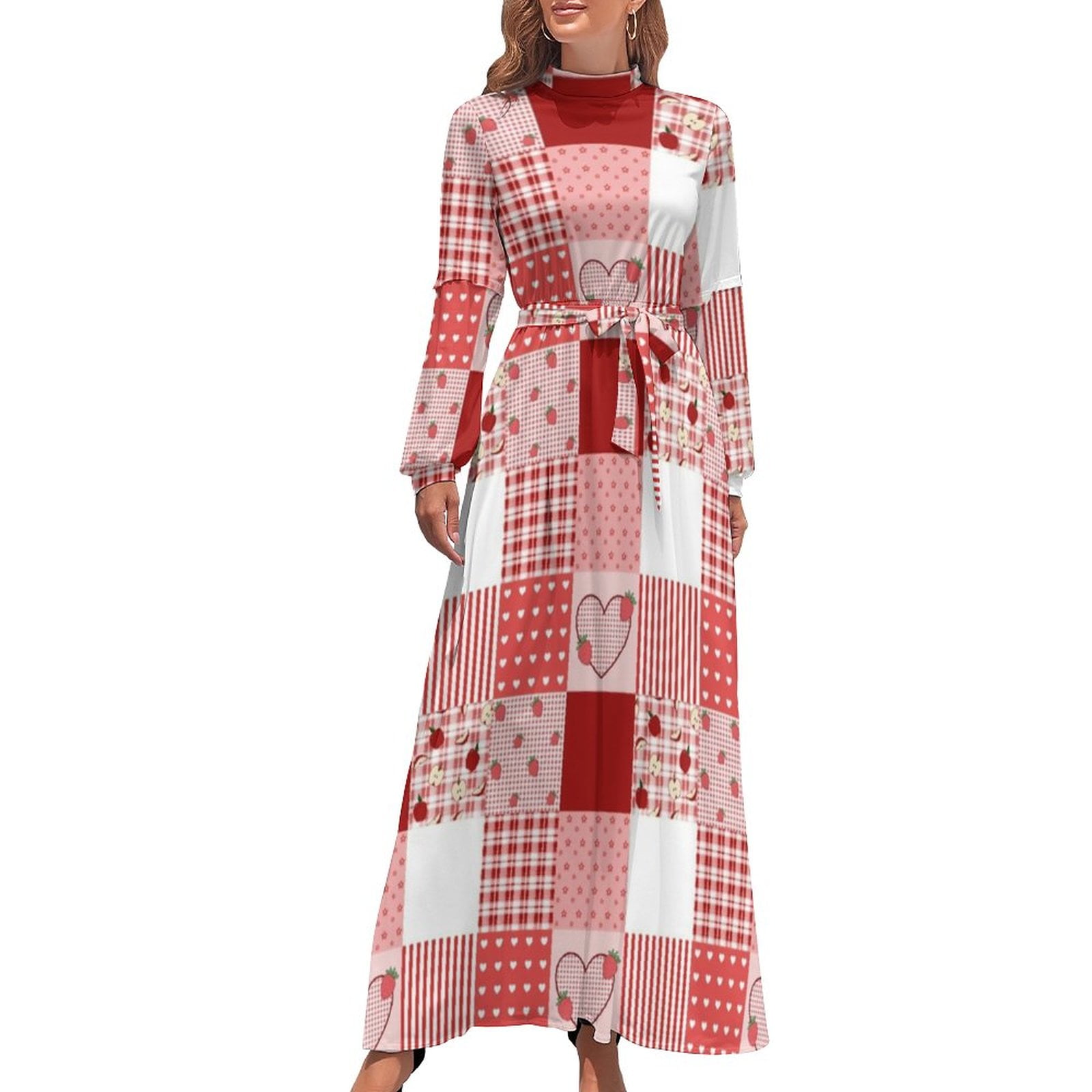 Red And White Patchwork Dress Valentine Heart Trendy Maxi Dress Boho ...