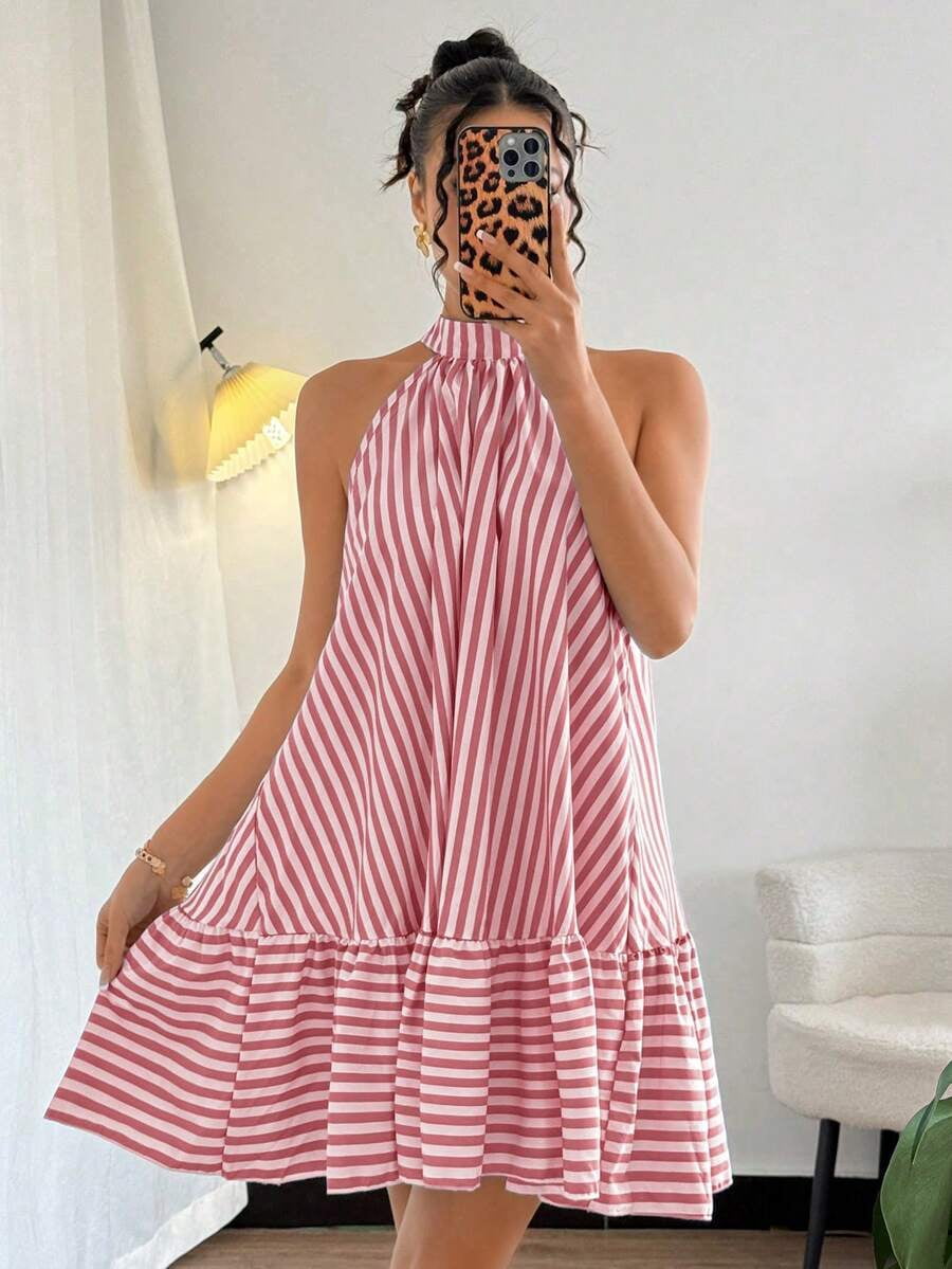 Red And White Sleeveless Halter Neck Ruffle Hem Striped A-Line Mini ...