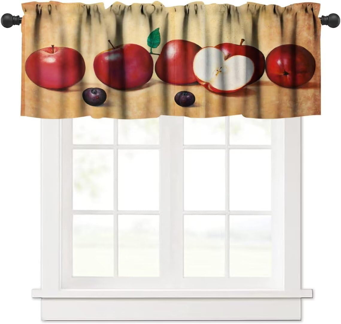 Red Apple Valance Curtains for Kitchen Window, Original Oil Painting ...