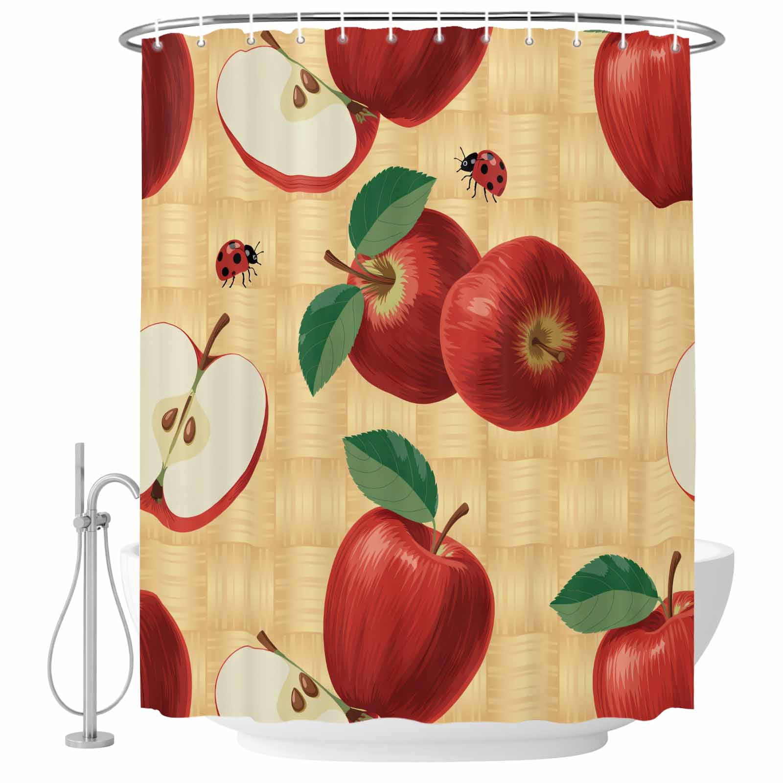 Red Apples Bathroom Shower Curtains with Hooks, Country Fruits Ladybug ...