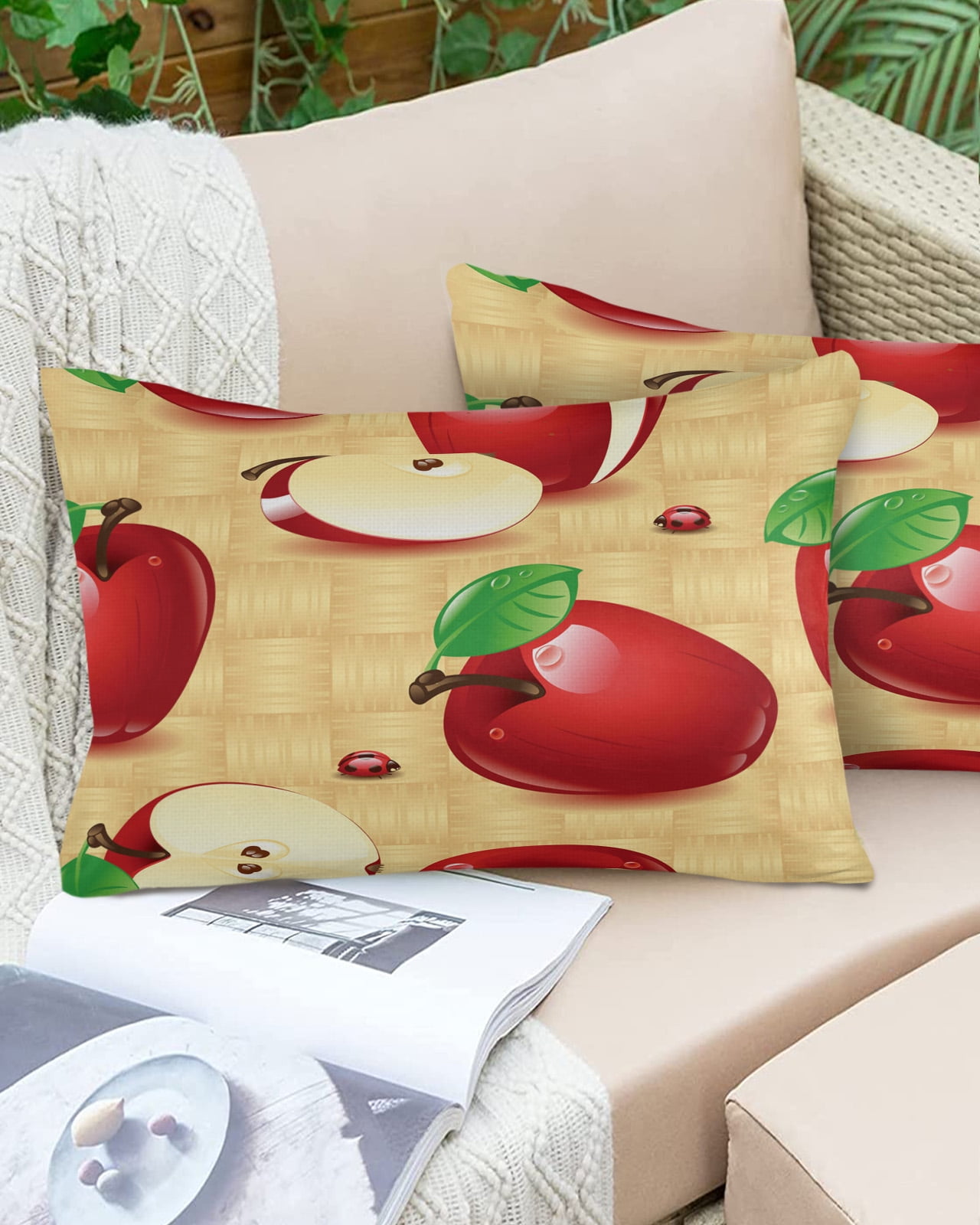Red Apples Ladybug on Retro Weave Texture Outdoor Pillow Covers Set of ...