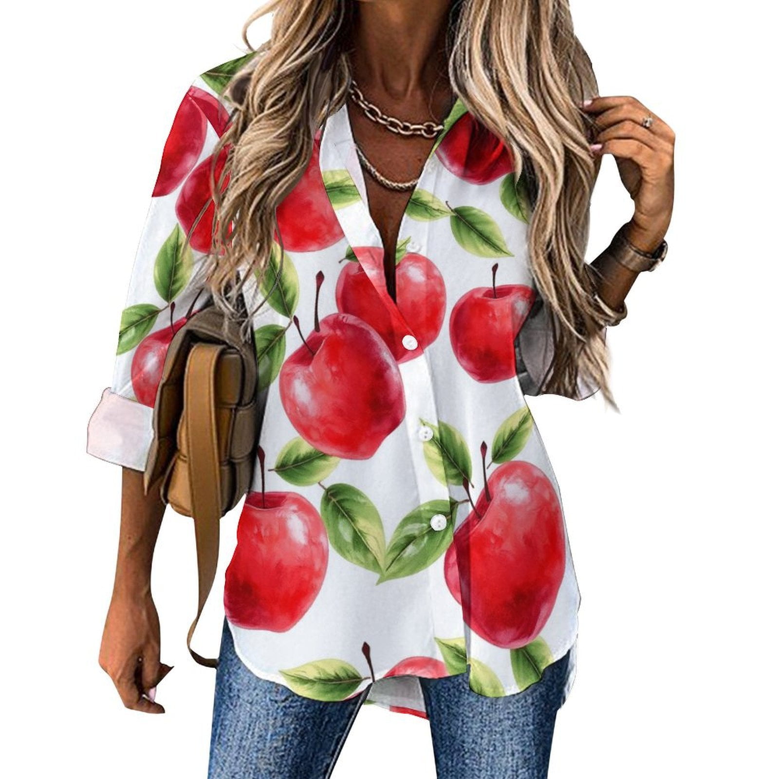 Red Apples Pattern Loose Blouse Oversize Blouses Long-Sleeve Office ...