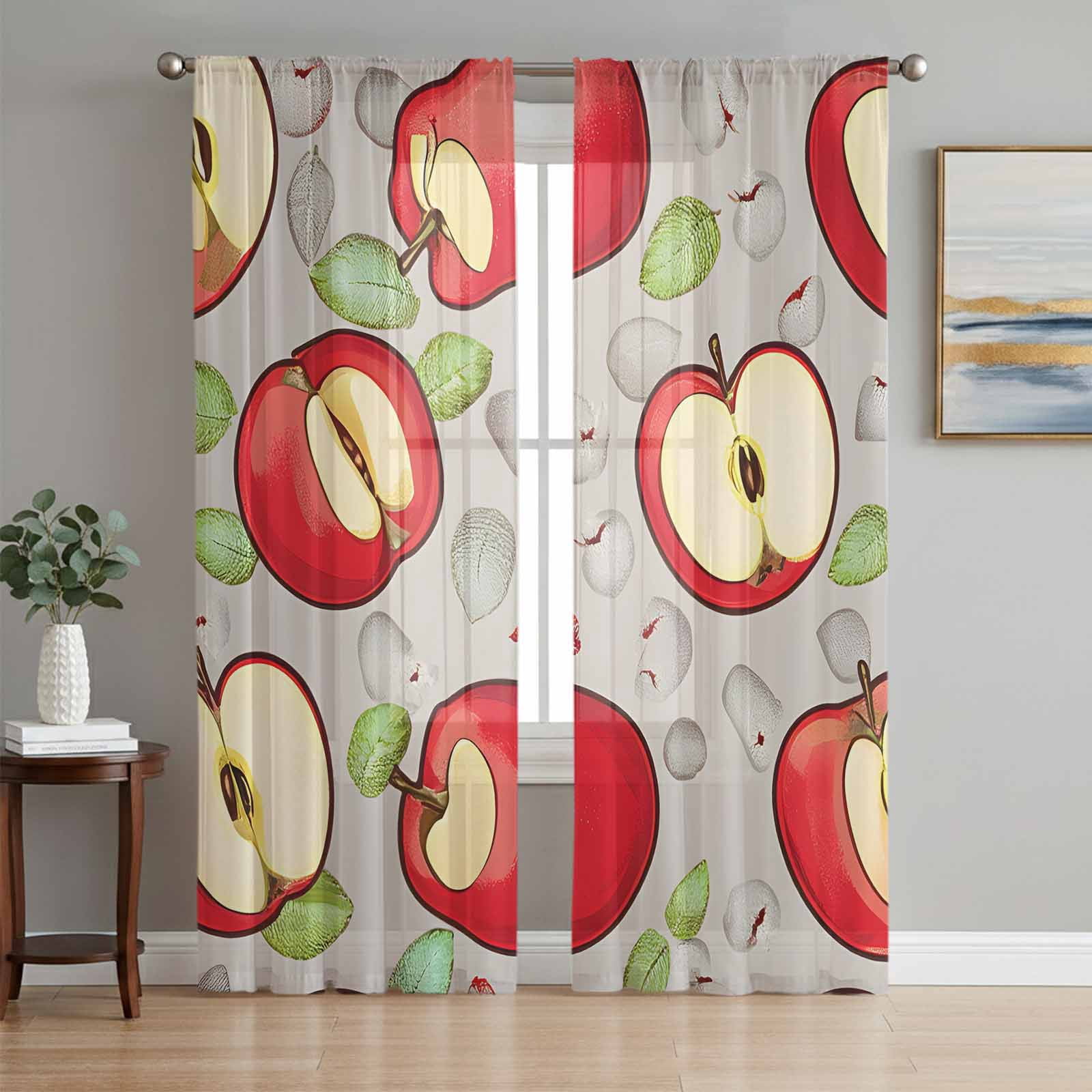 Red Apples Sheer Curtains 63 Inch Length 2 Panels Set, Summer Fruits ...