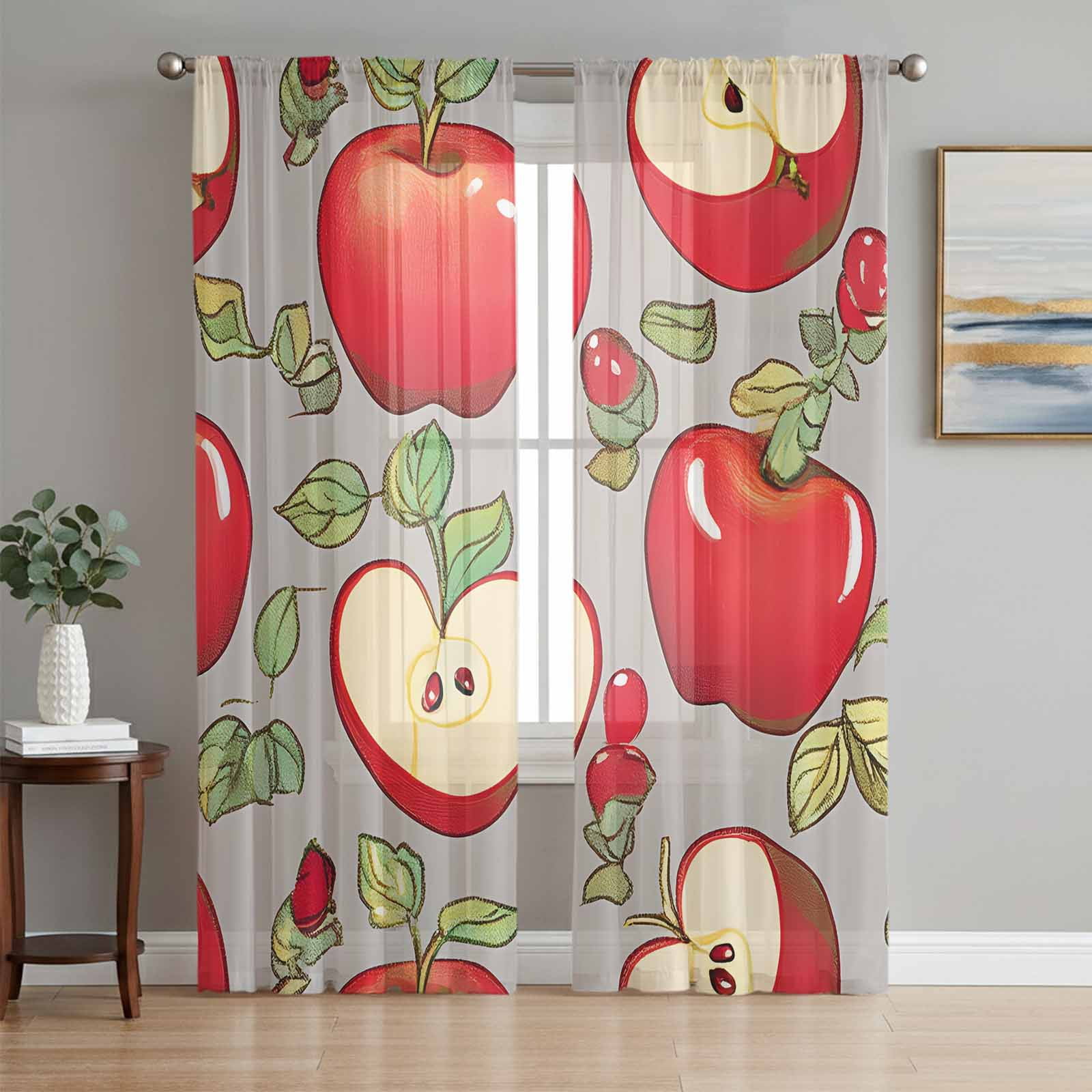 Red Apples Sheer Curtains 84 Inch Length 2 Panels Set, Modern Art ...