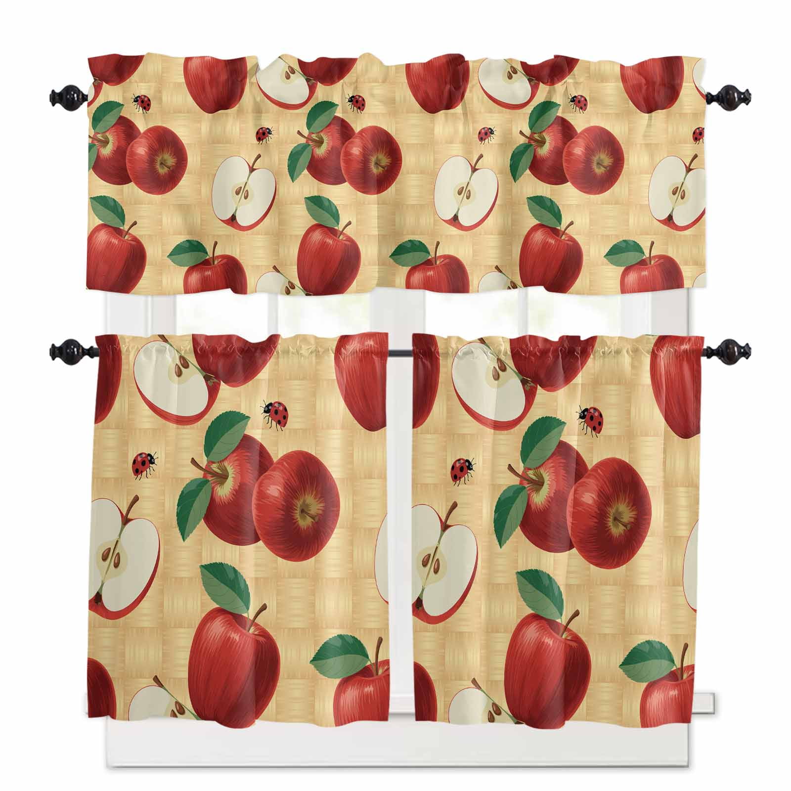 Red Apples Window Curtains Valance Set of 3 Country Fruits Ladybug ...