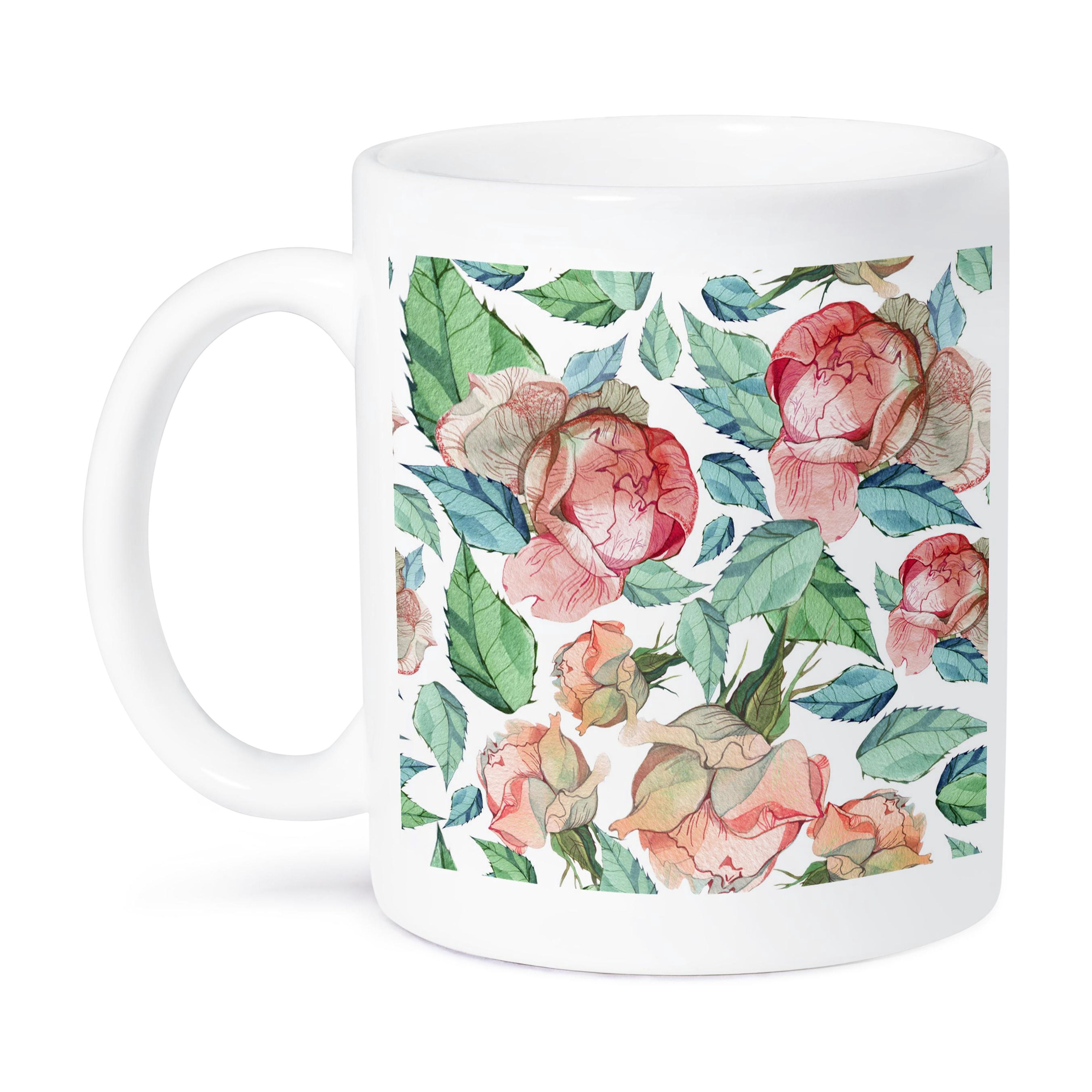 Red, Aqua, And Green Watercolor Cabbage Roses Floral Pattern, 15oz Mug ...