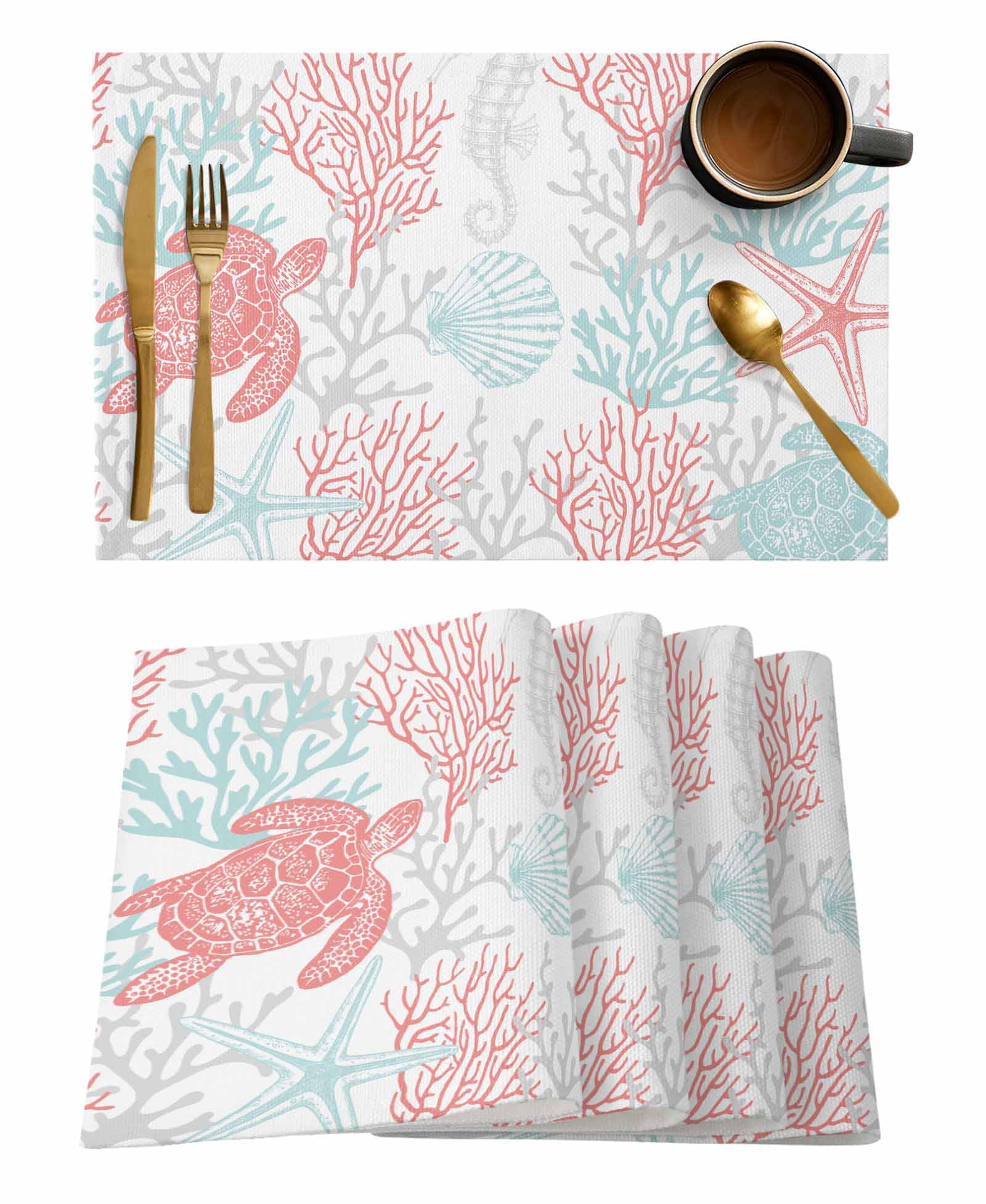 Red Aqua Coastal Placemats Set of 6, Sea Turtle Nautical Coral Summer ...
