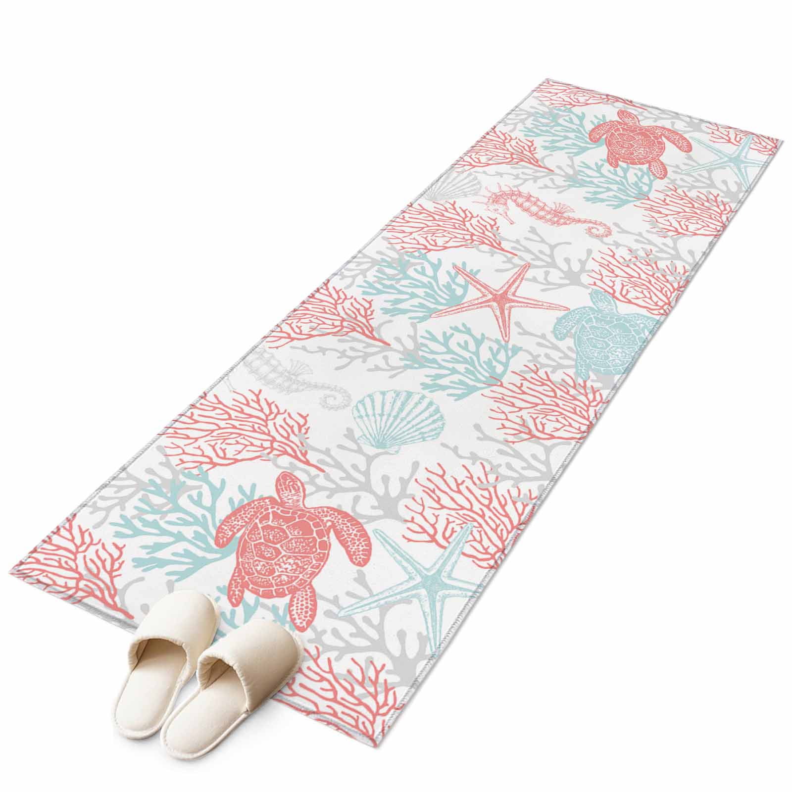 Red Aqua Coastal Runner Rug 2x6 FT, Non Slip Hallway Carpet, Sea Turtle ...