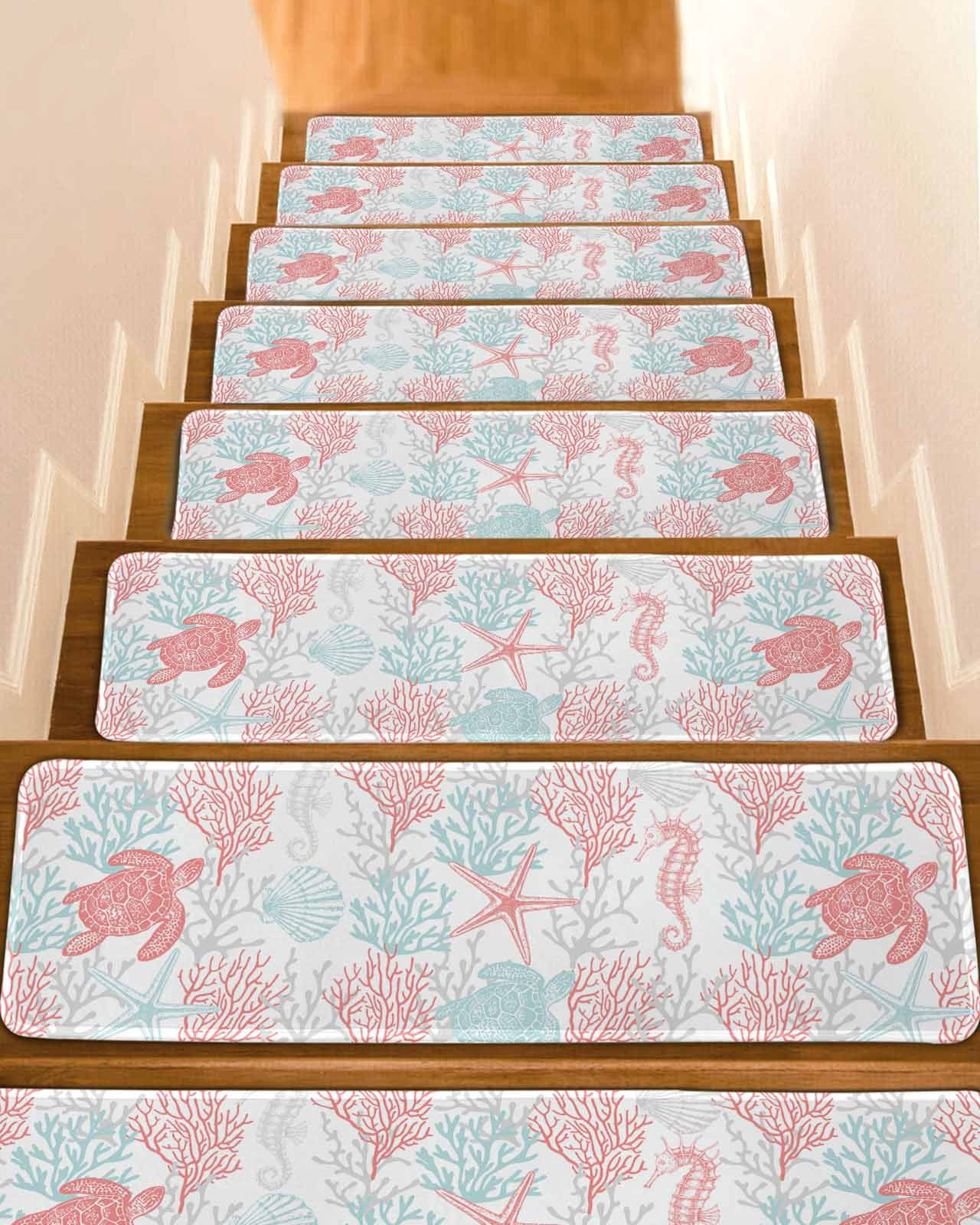 Red Aqua Coastal Stair Treads for Wooden Steps Indoor Runner Rug Carpet ...