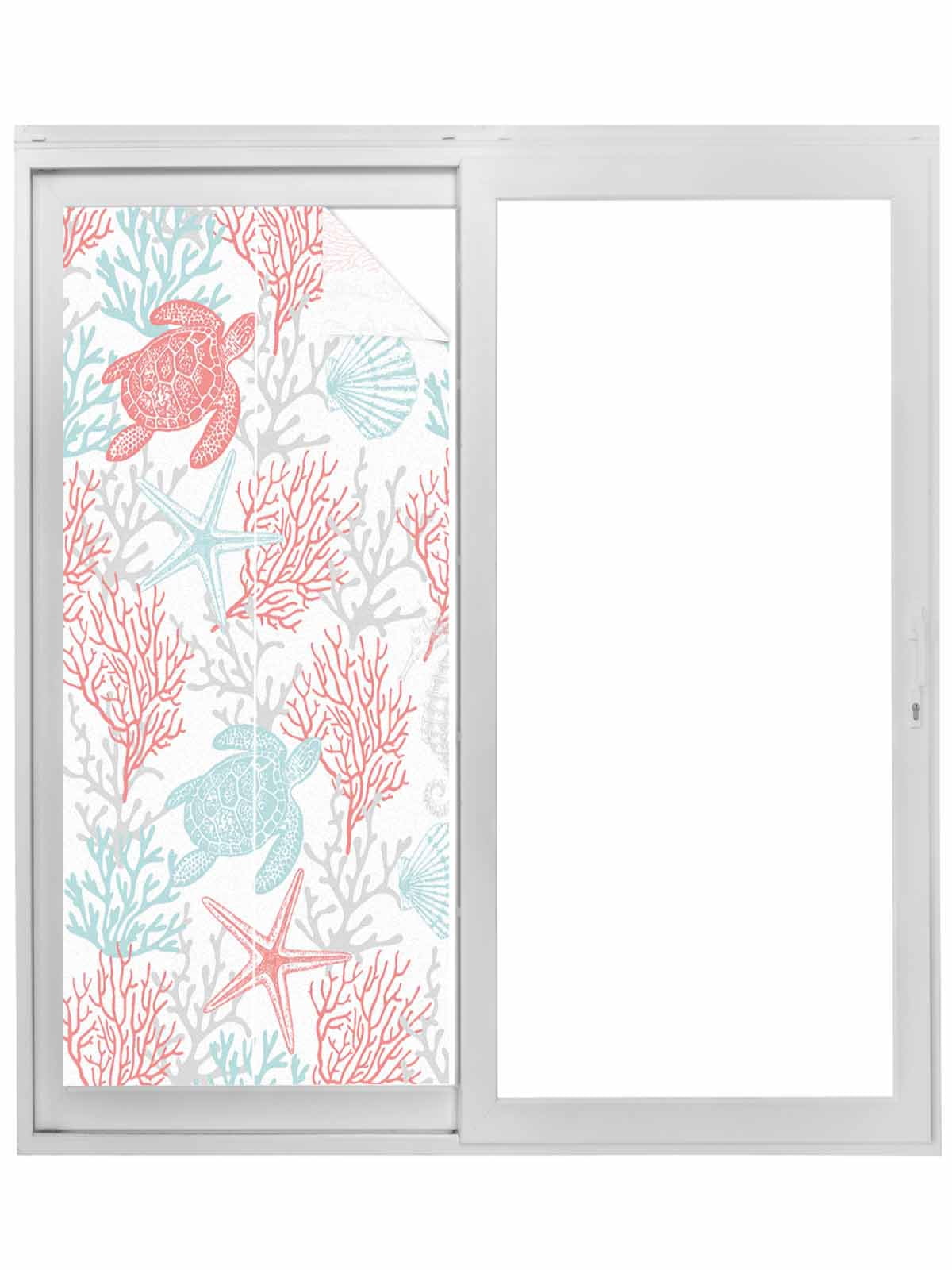 Red Aqua Coastal Window Privacy Film, Sea Turtle Nautical Coral Summer ...