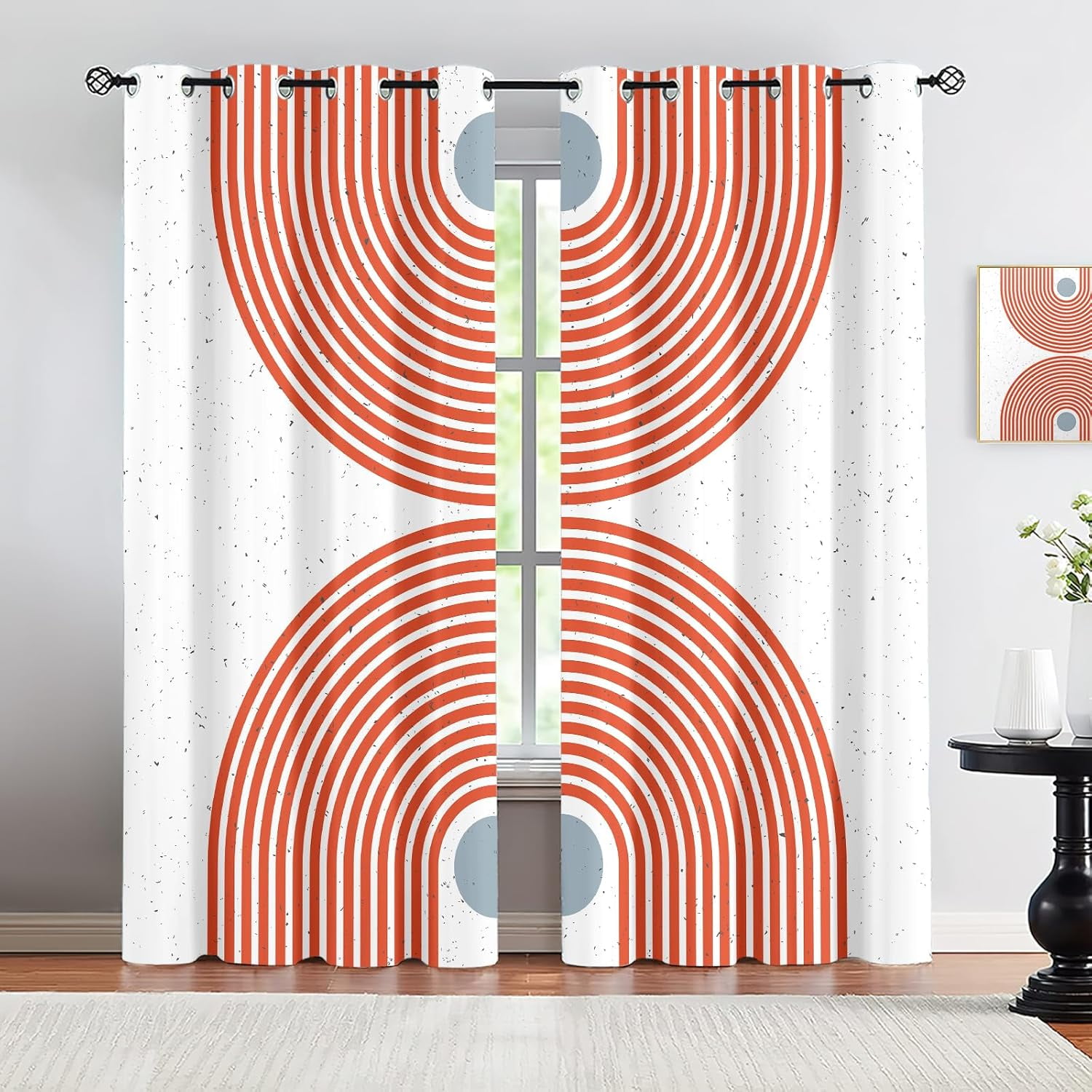 Red Arched Lines Grommet Blackout Curtains, Mid-Century Modern Geometry ...