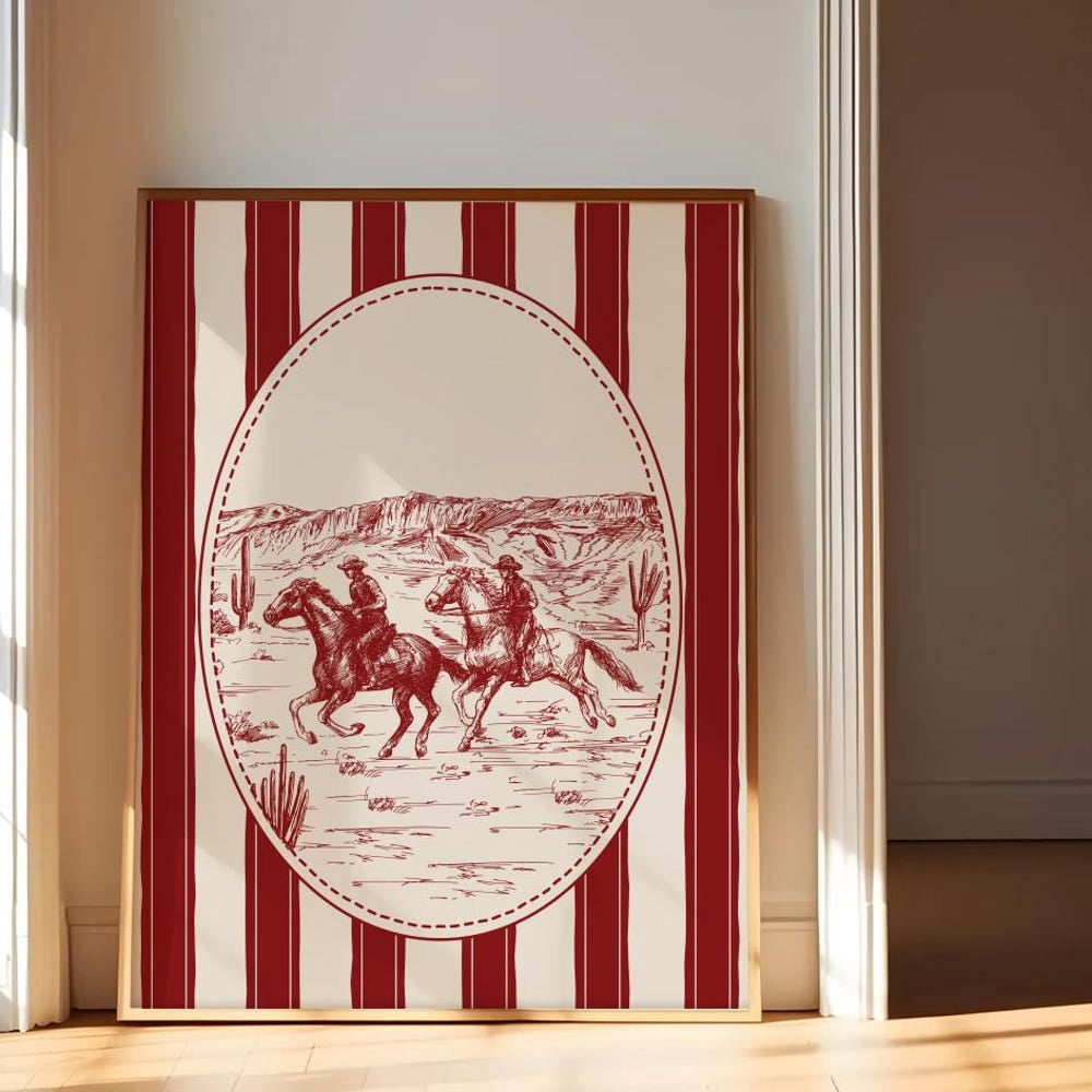 Red Art Vintage Drawing Western Print Cowboy Wall Art Trendy Vintage ...