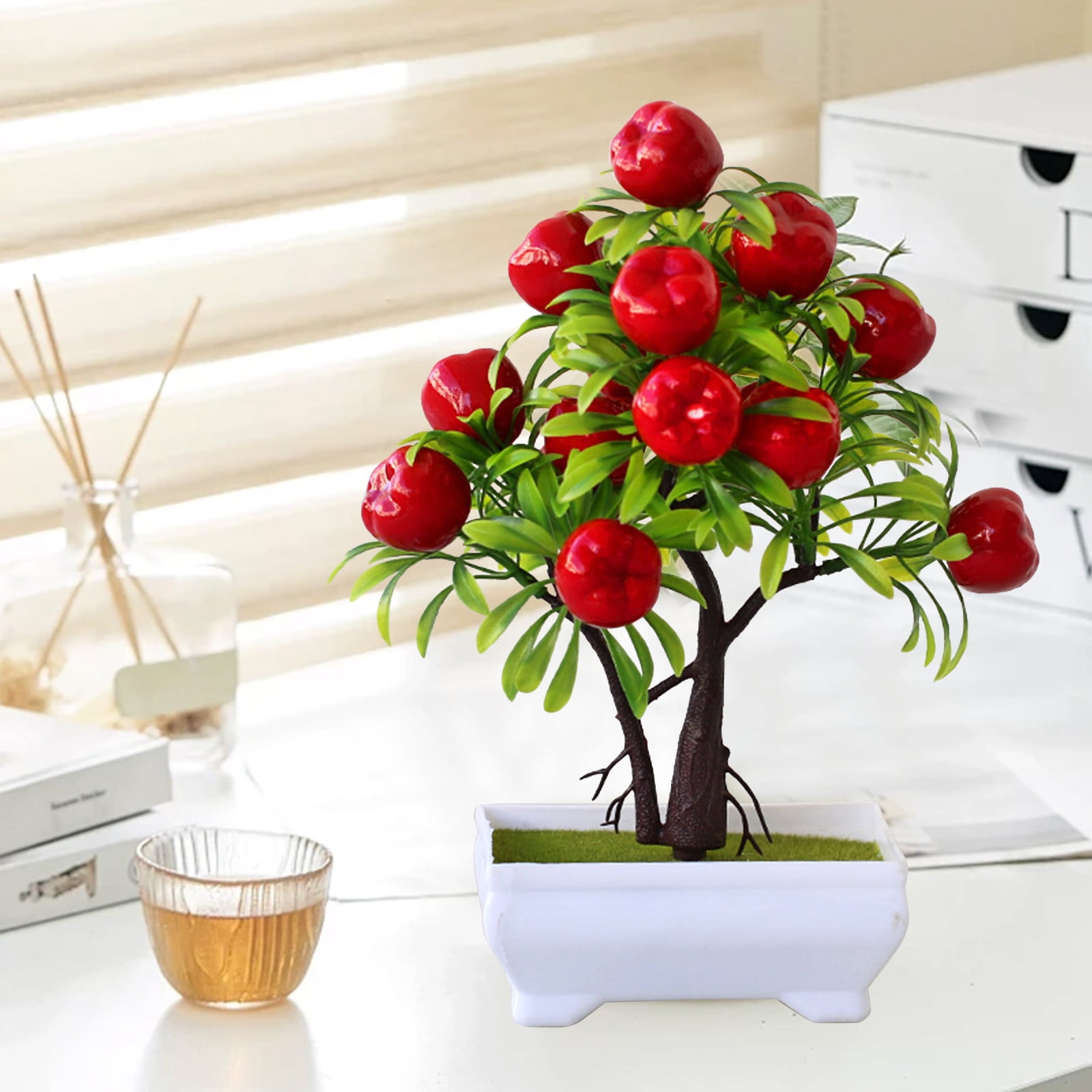 Red Artificial Bonsai Tree | 9.44" Plastic Potted Plant for Home ...