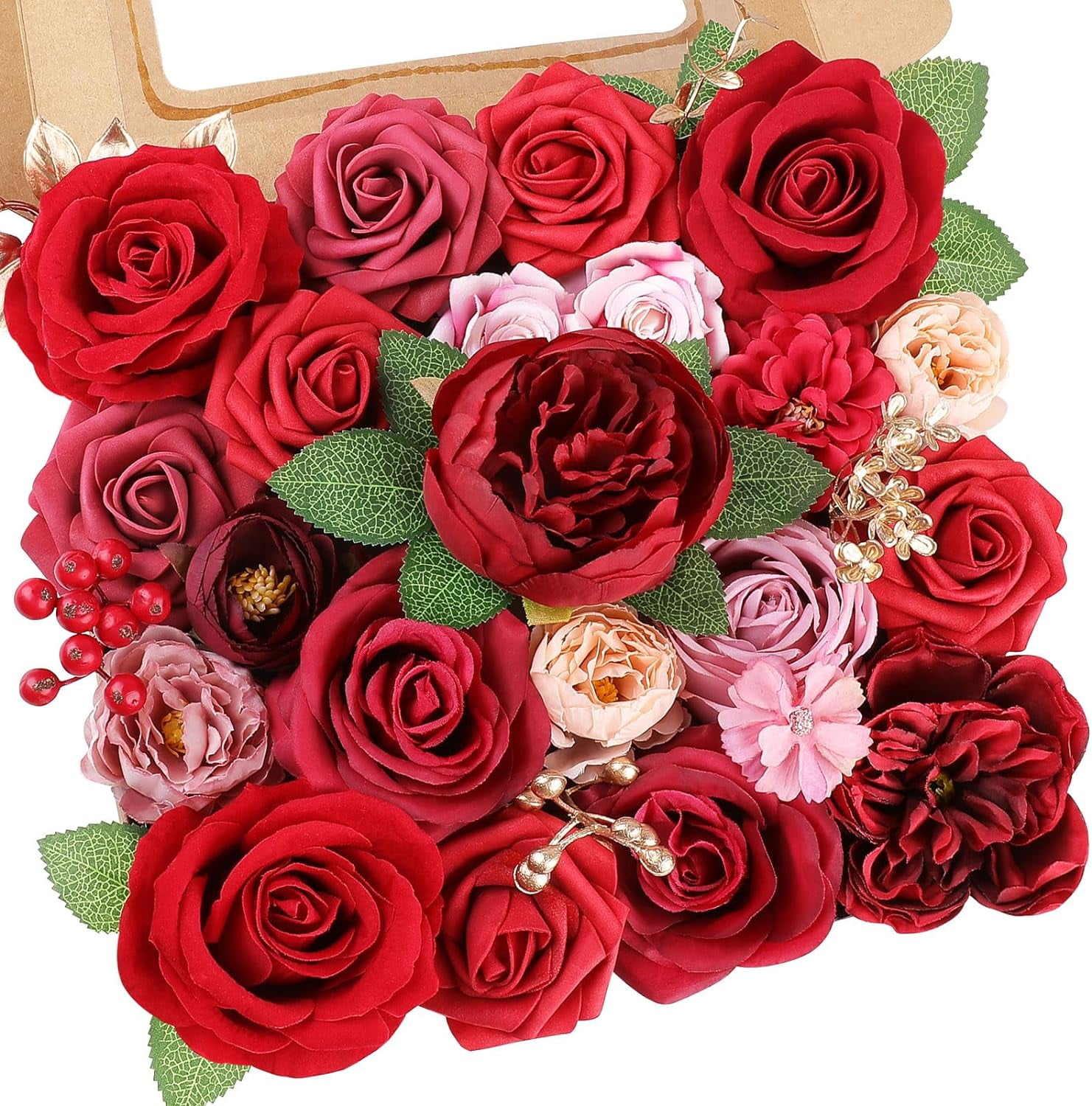 Red Artificial Flowers Combo Silk Mix Peony Rose Fake Flowers w/Stem ...