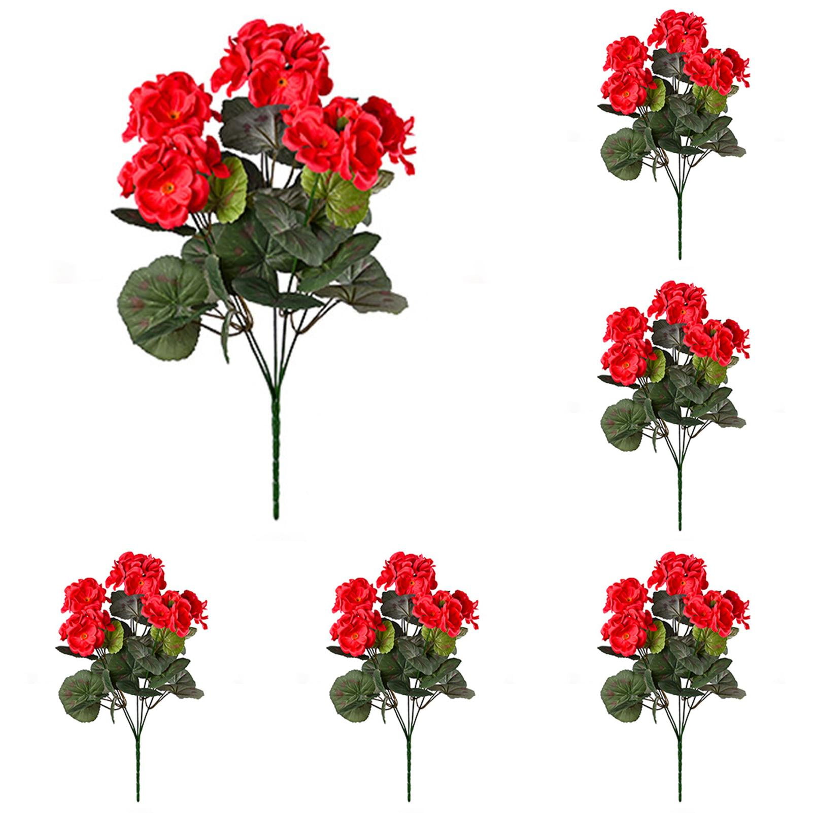 Red Artificial Geranium Silk Flowers - 6 Pack Geraniums Bush, Resistant ...