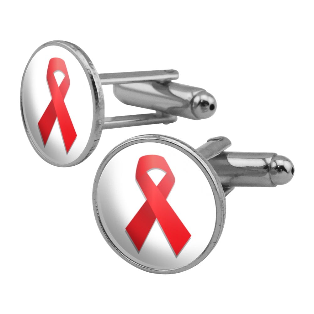 Red Awareness Ribbon Drug Free HIV AIDS Round Cufflink Set Silver Color ...