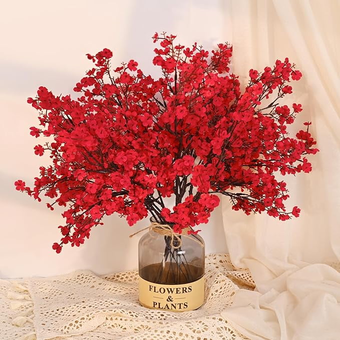 Red Babys Breath Artificial Flowers, 15pcs Real Touch Silk Faux Flowers ...