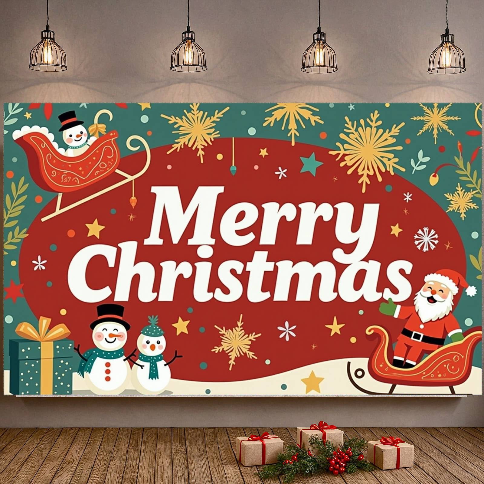 Red Background Christmas Banner Colorful Lights Merry Christmas Banner ...
