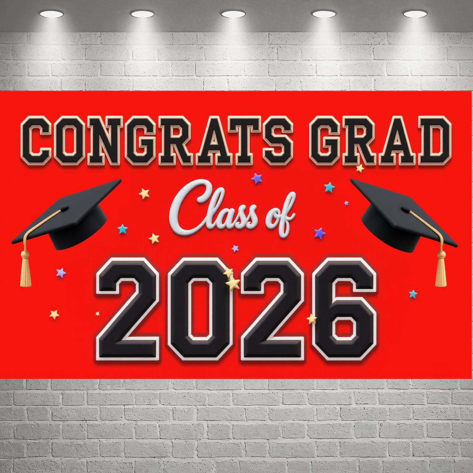 Red Background Congrats Grad Banner Star Pattern Graduation Backdrop ...
