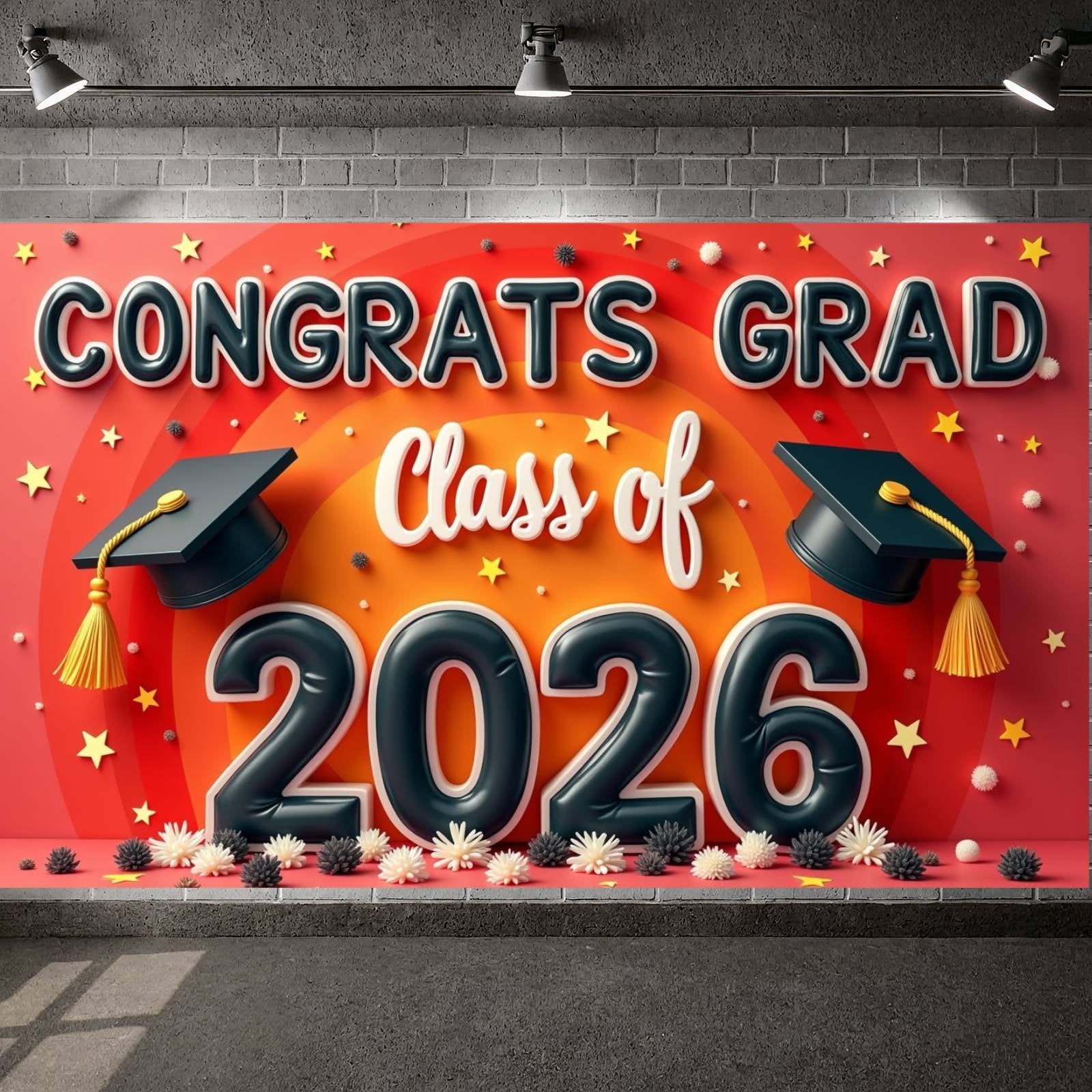 Red Background Congrats Grad Banner Star Pattern Graduation Backdrop ...