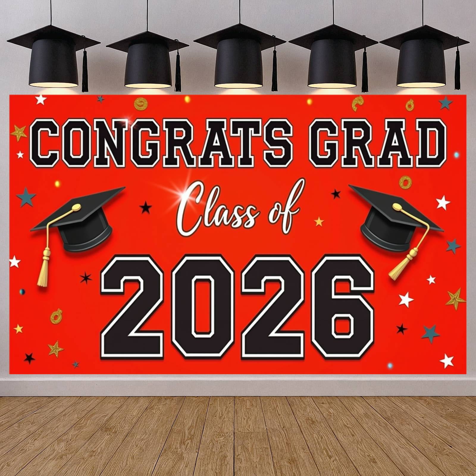 Red Background Congrats Grad Banner Star Pattern Graduation Backdrop ...