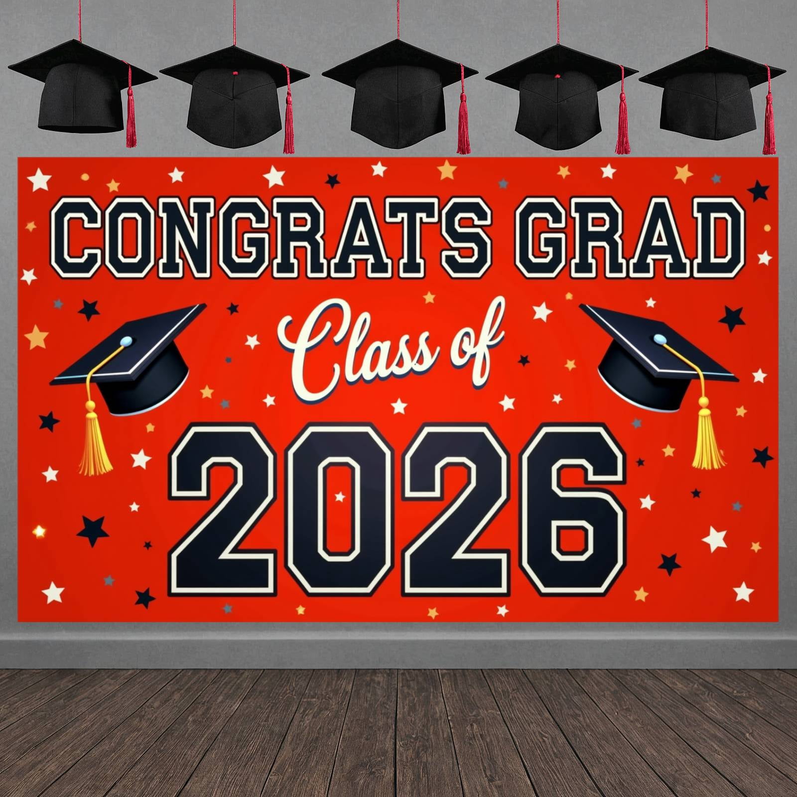 Red Background Congrats Grad Banner Star Pattern Graduation Backdrop ...