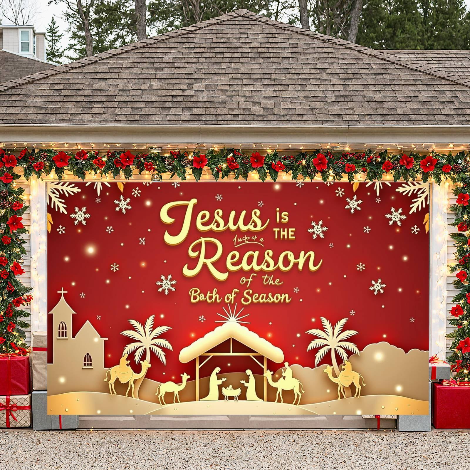 Red Background Jesus Nativity Scene Banner for Christmas Celebration ...