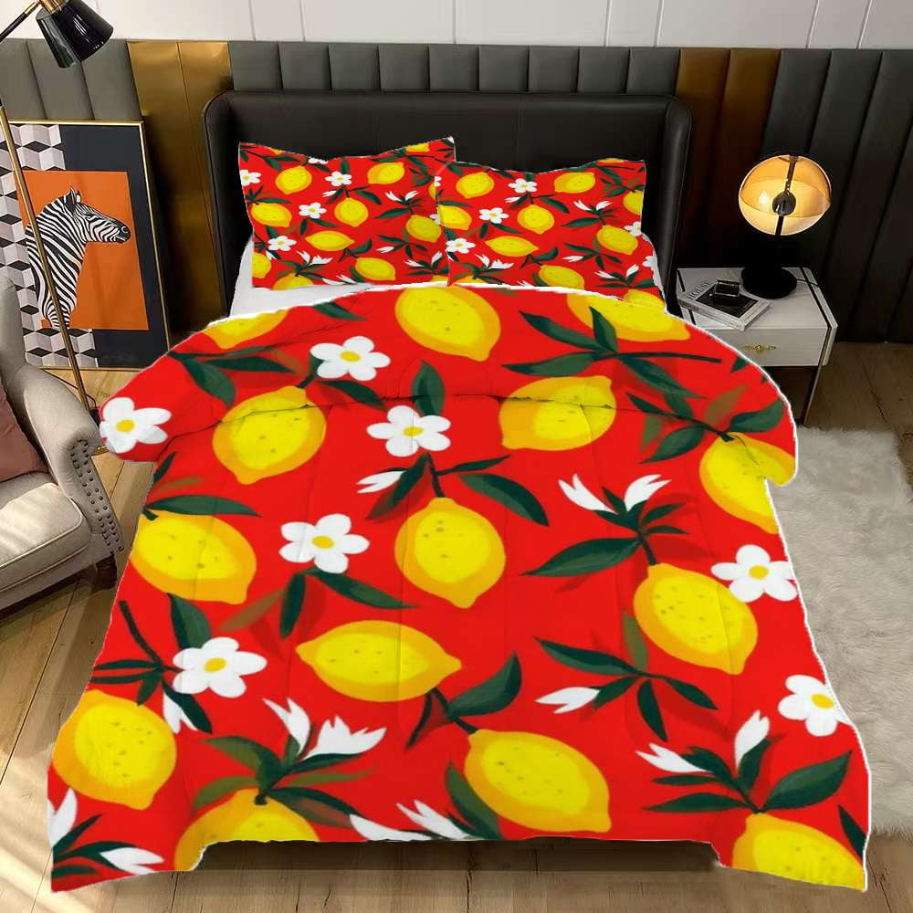 Red Background Lemon Floral Pattern Comforter Set Twin Size Bedding Set ...