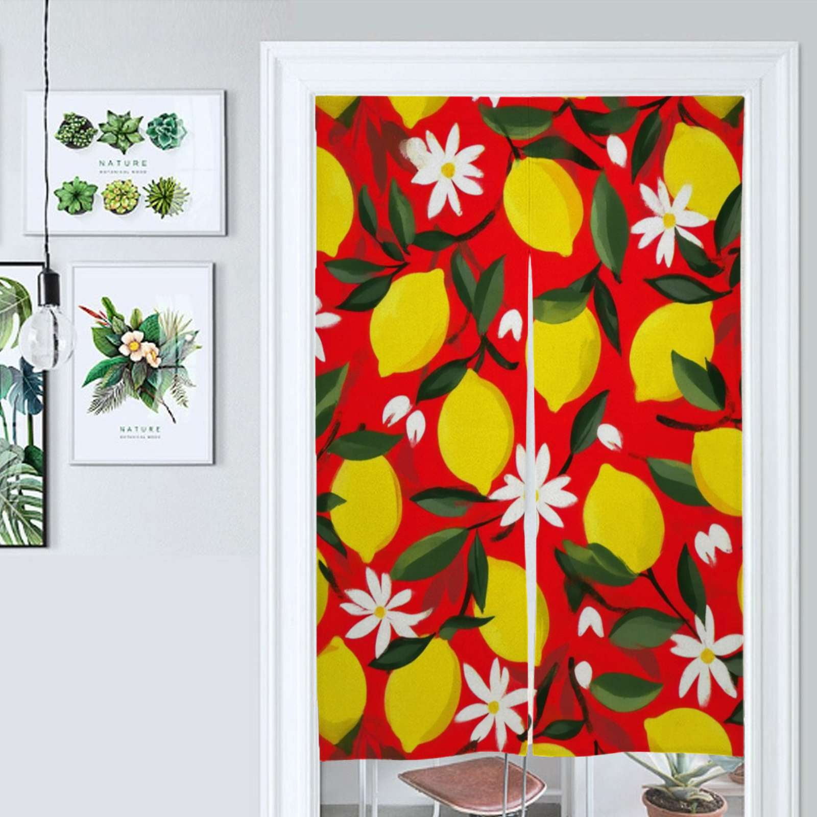 Red Background Lemon Floral Pattern Door Curtain Nordic Living Room ...