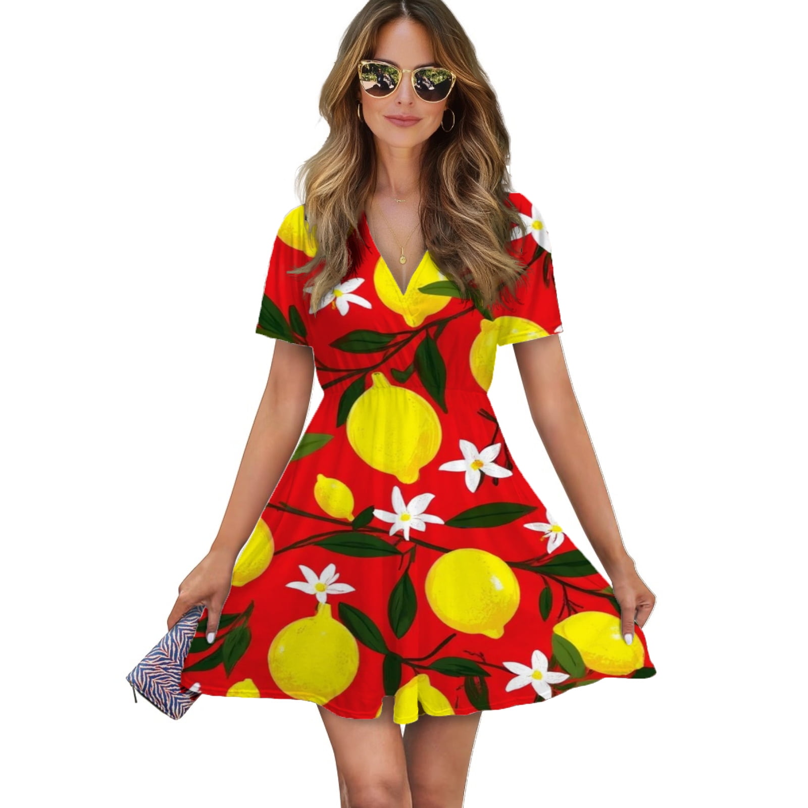 Red Background Lemon Floral Pattern Women Dress V-Neck Short Sleeve ...