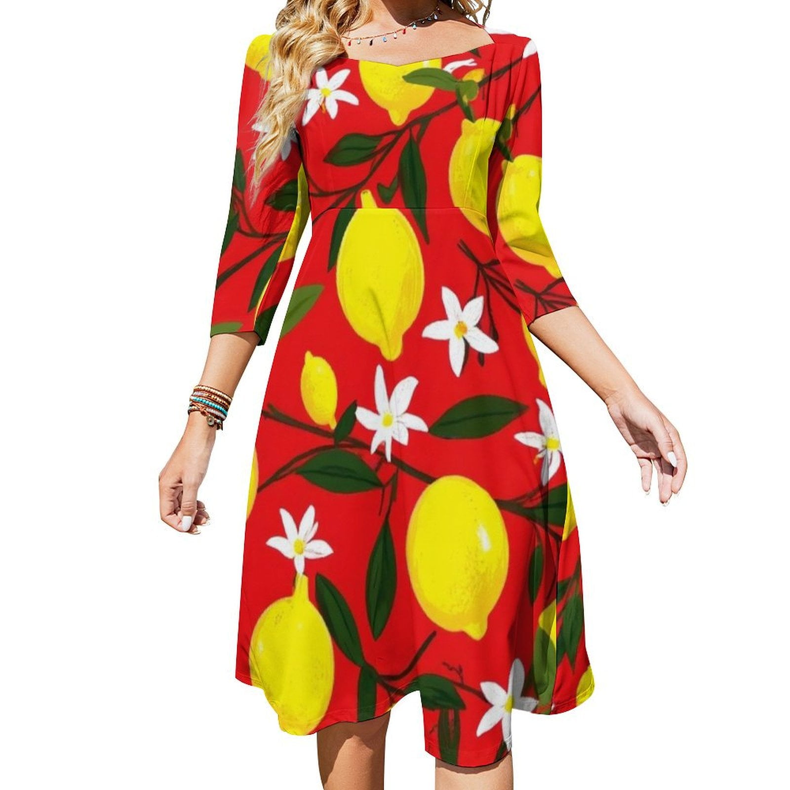 Red Background Lemon Floral Pattern Womens Summer Dress Tie Back A Line ...